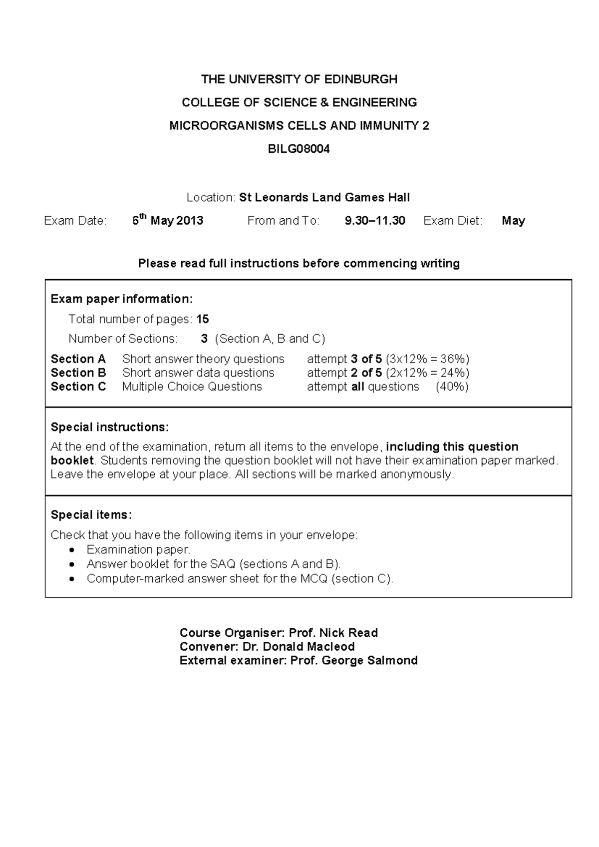 BILG08004 2013 Final Exam Revision Questions on Microorganisms, Cells ...
