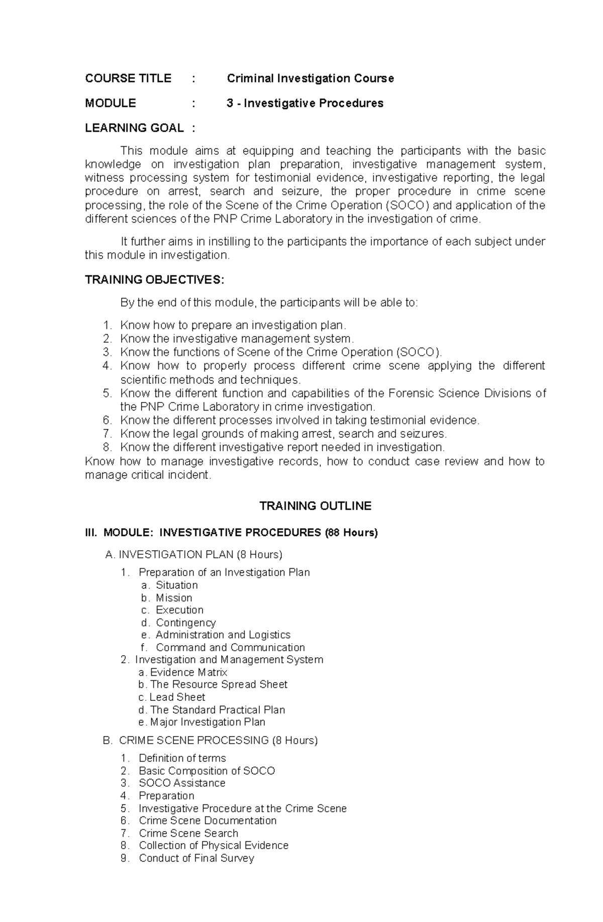 Investigative Procedures - Module 3 (Criminal Investigation Course ...