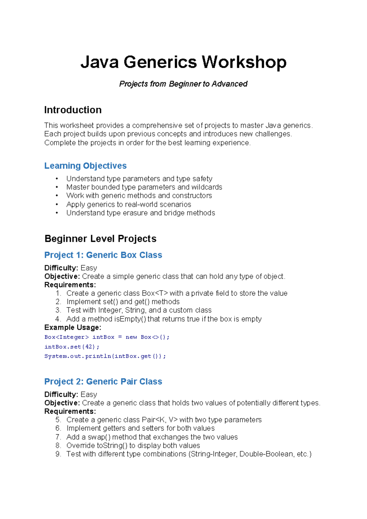 Java Generics Workshop Projects: Beginner to Advanced Guide - Studocu
