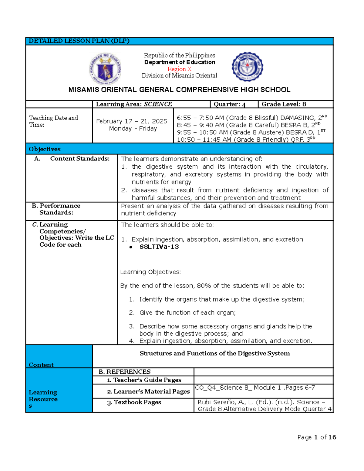 Lesson Plan: Understanding the Human Digestive System (Grade 8) - Studocu