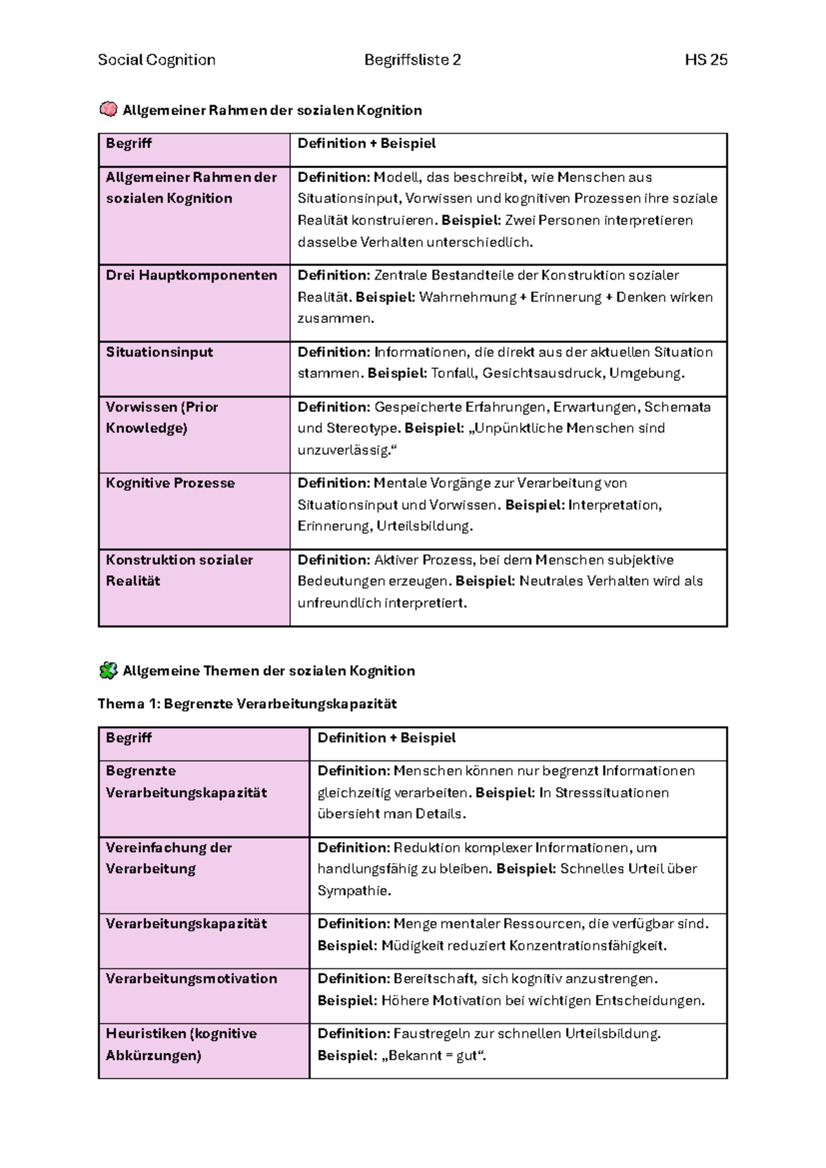 Soziale Kognition Begriffsliste 2 HS 25: Definitionen und Beispiele ...