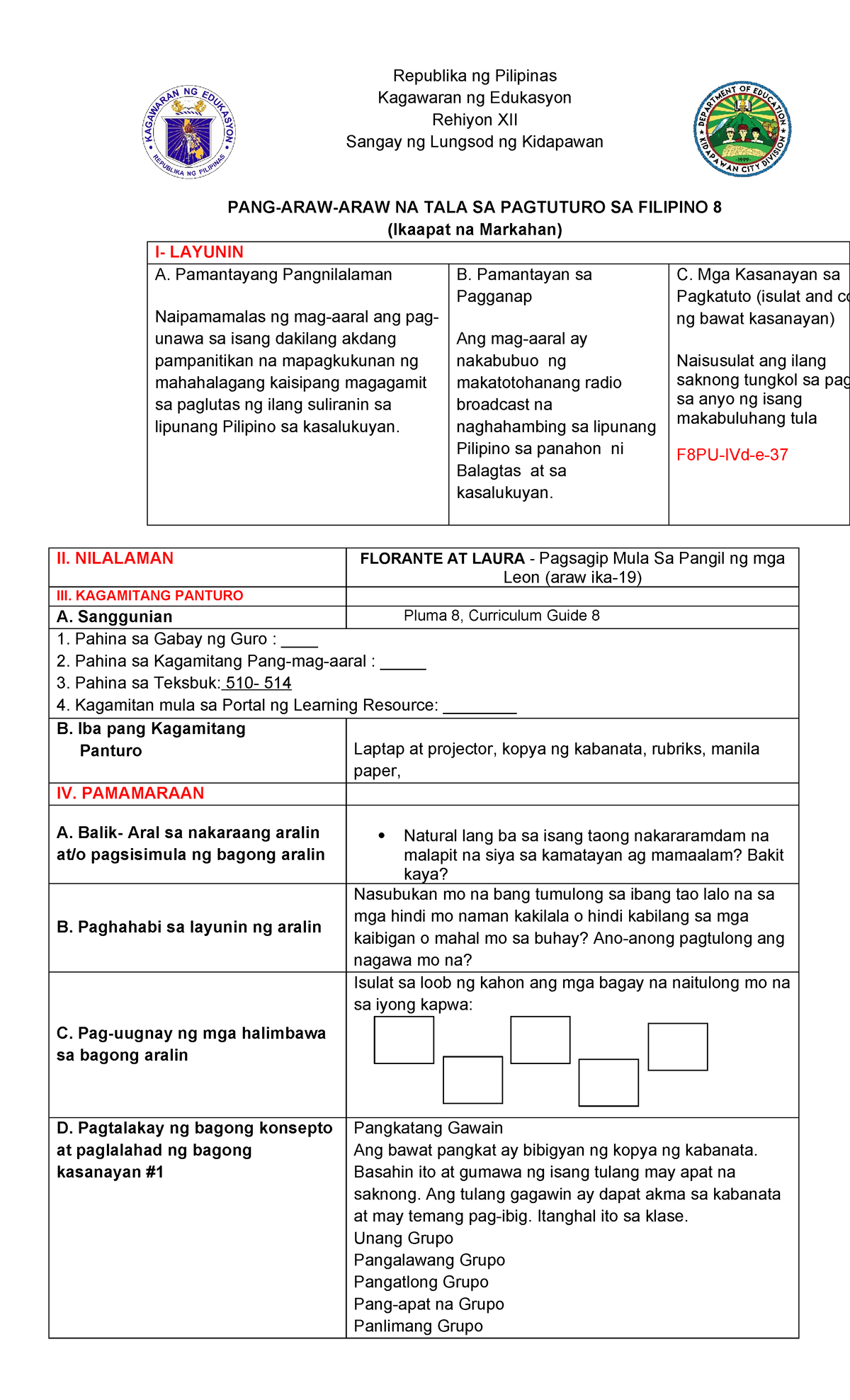 Filipino 8 Lesson Plan: Pagsagip MULA sa Florante at Laura - Studocu