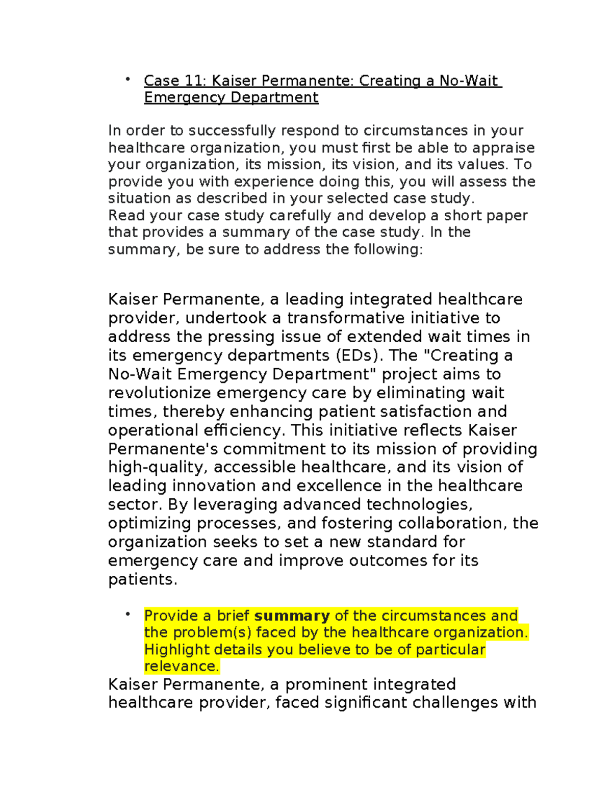 HCM415 Week 2-1 Final Project Milestone 1: Kaiser Permanente ED ...