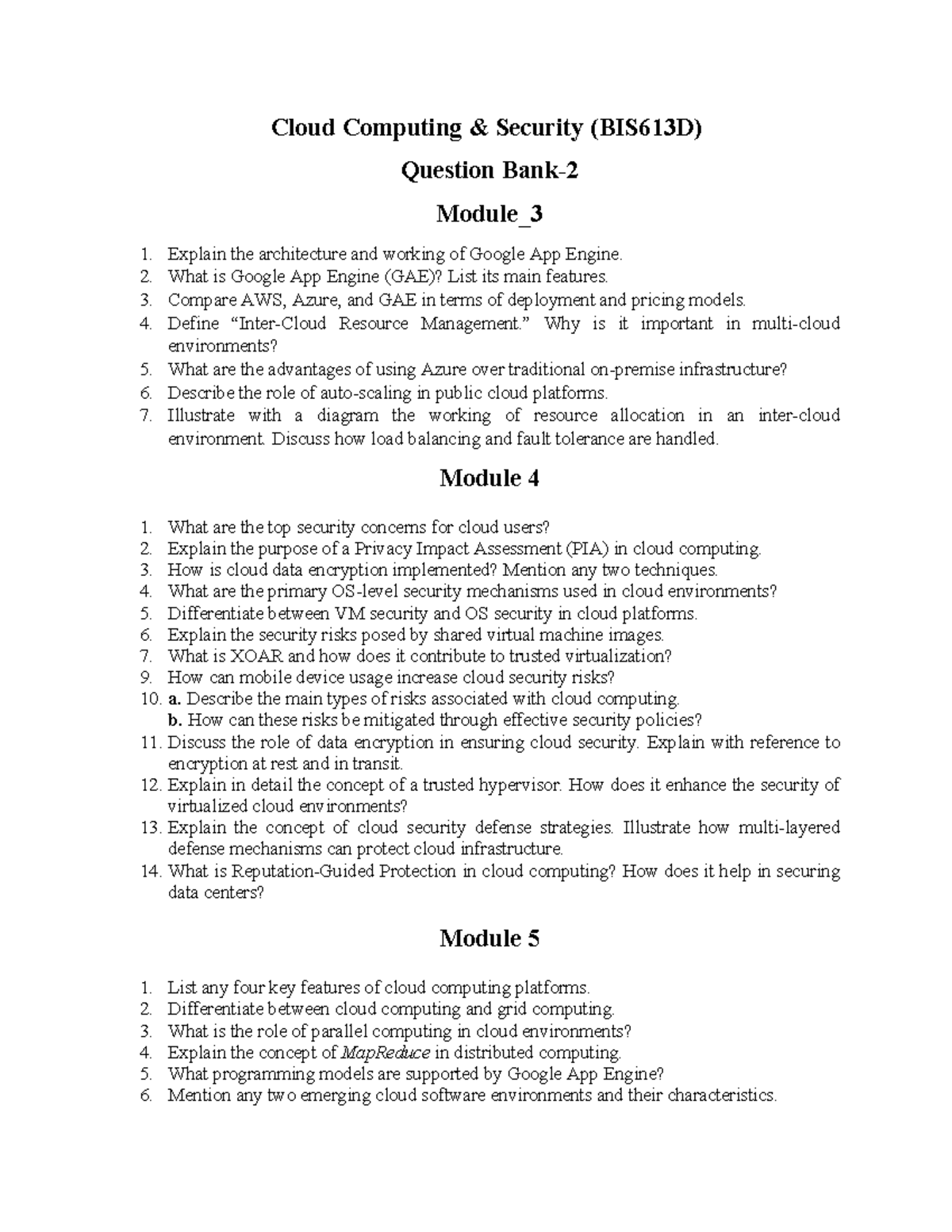 Cloud Computing Security Question Bank (BIS613D) - Modules 3 to 5 - Studocu