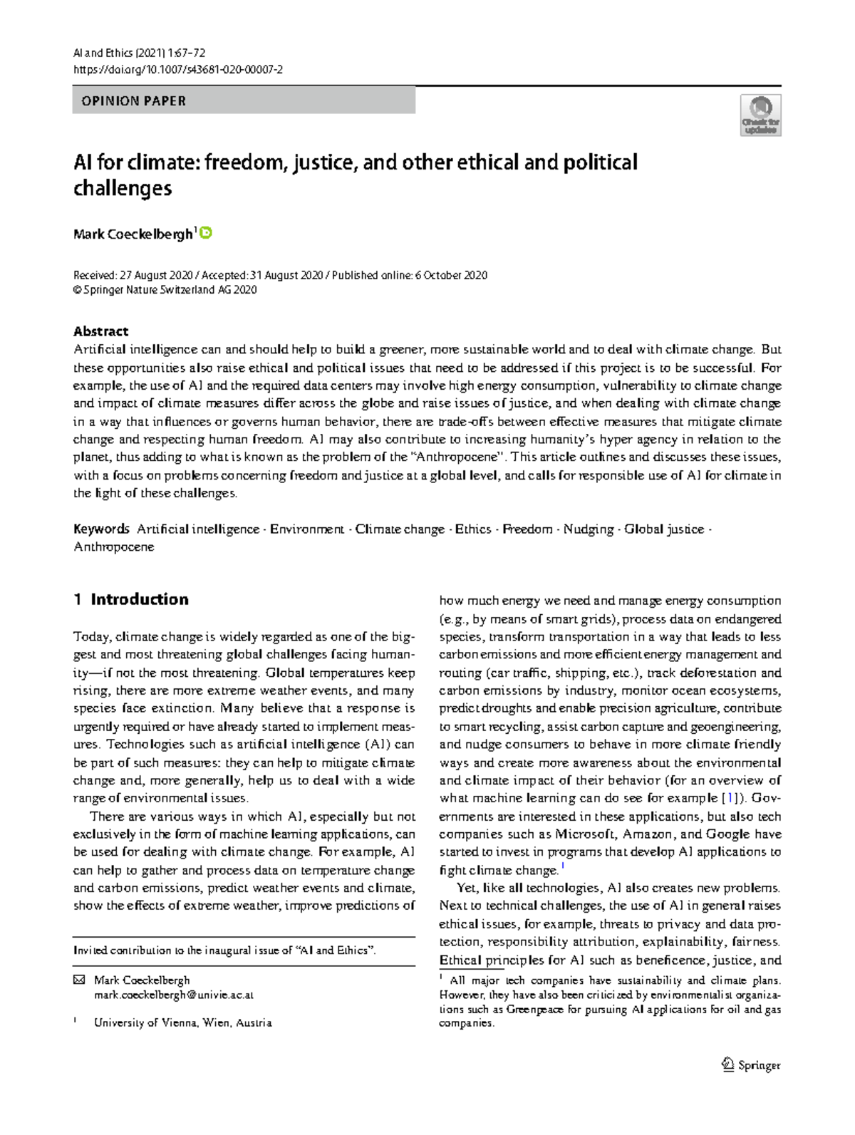AI and Ethics (2021): Navigating Freedom and Justice in Climate ...