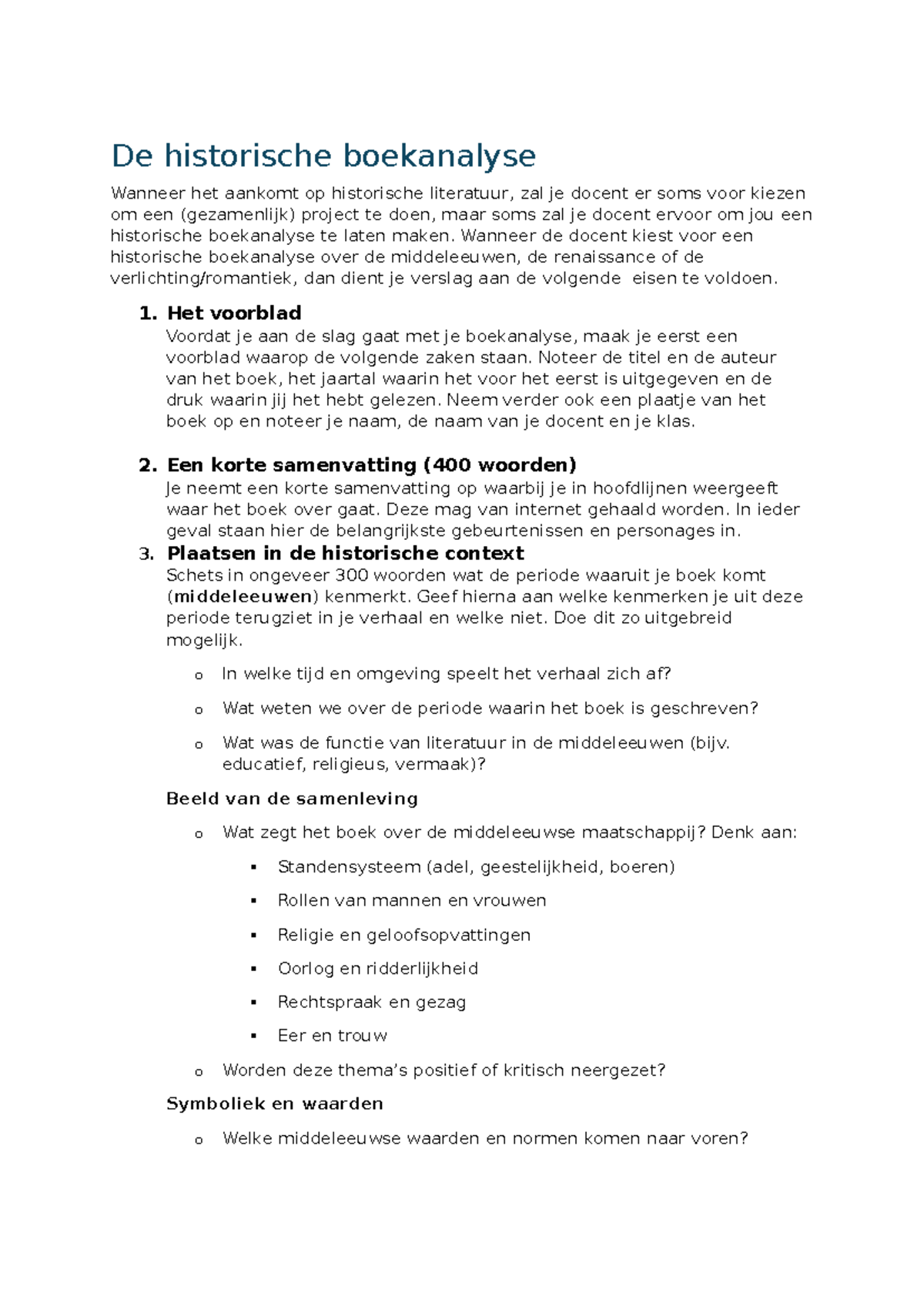 Historische Boekanalyse: Middeleeuwen en Thema's (HIST101) - Studeersnel