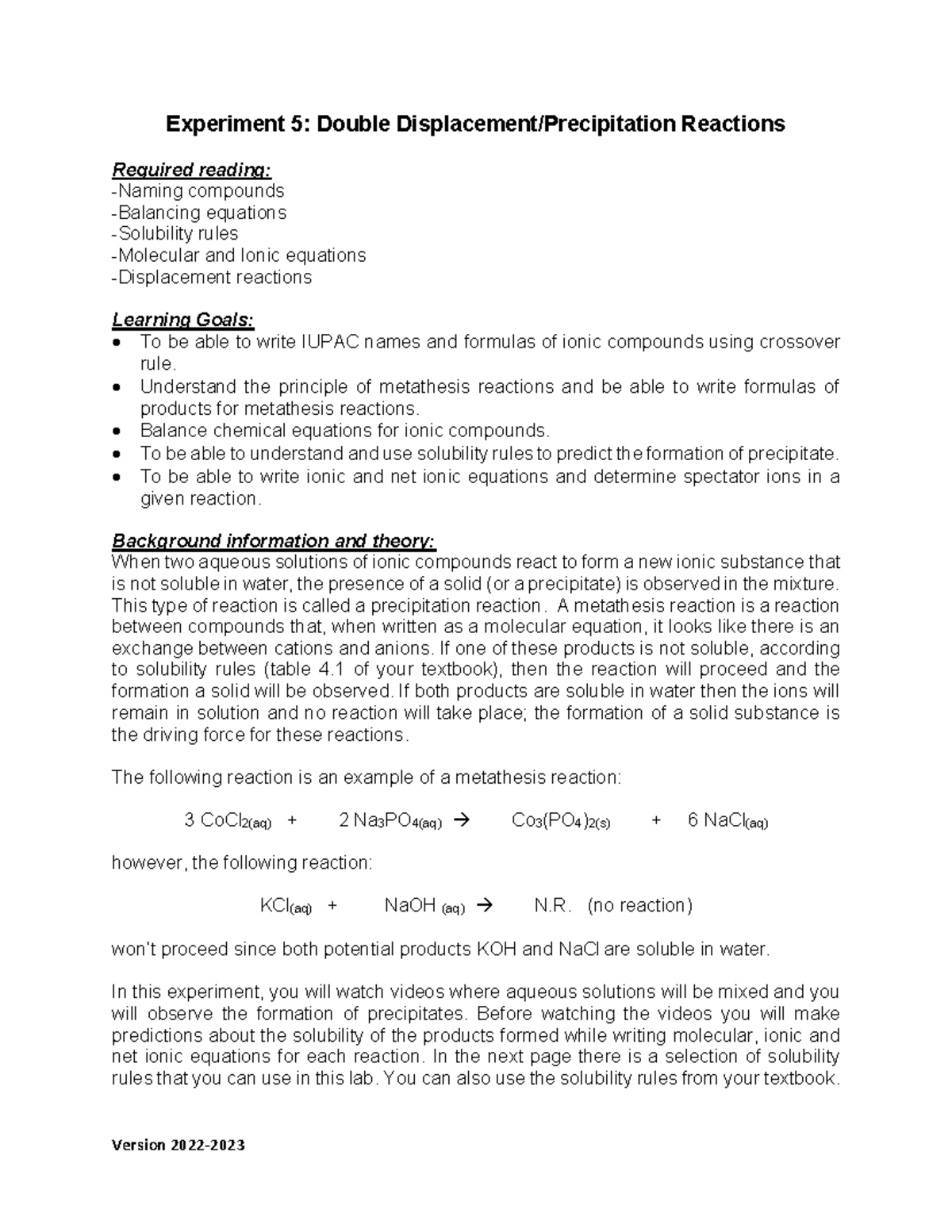 Experiment 5: Double Displacement Reactions - Precipitation Lab 2022 ...