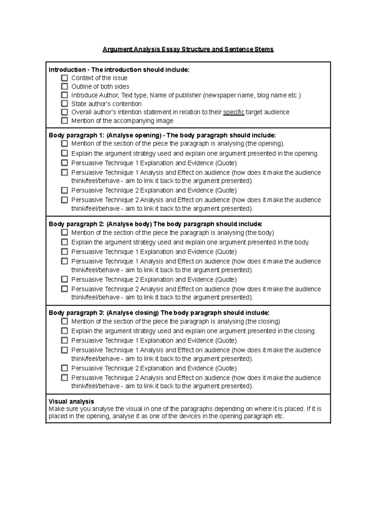 Argument Analysis Essay Structure & Sentence Stems Guide - Studocu