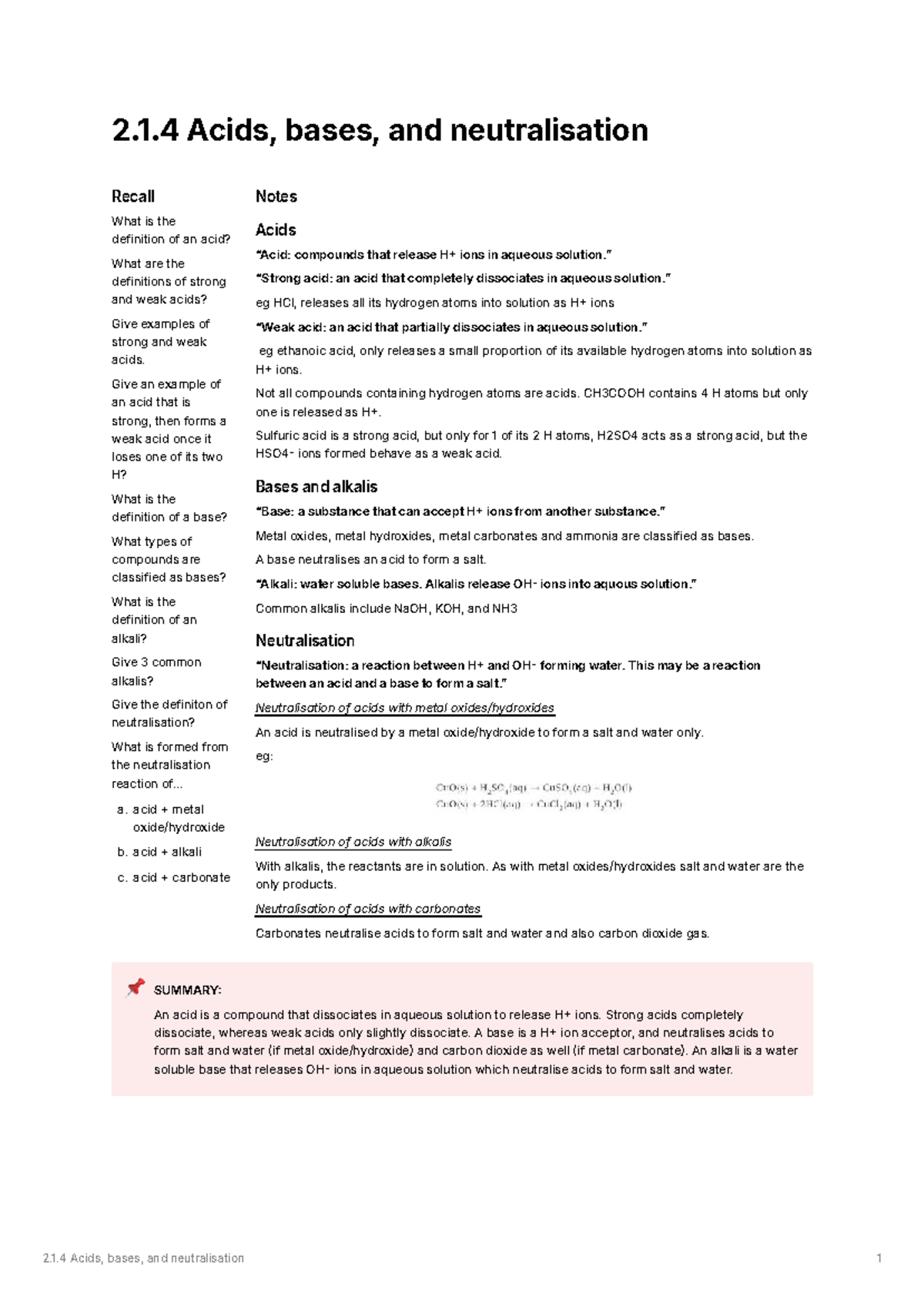 2.1.4 Acids, Bases, and Neutralisation - OCR A Chemistry Notes - Studocu