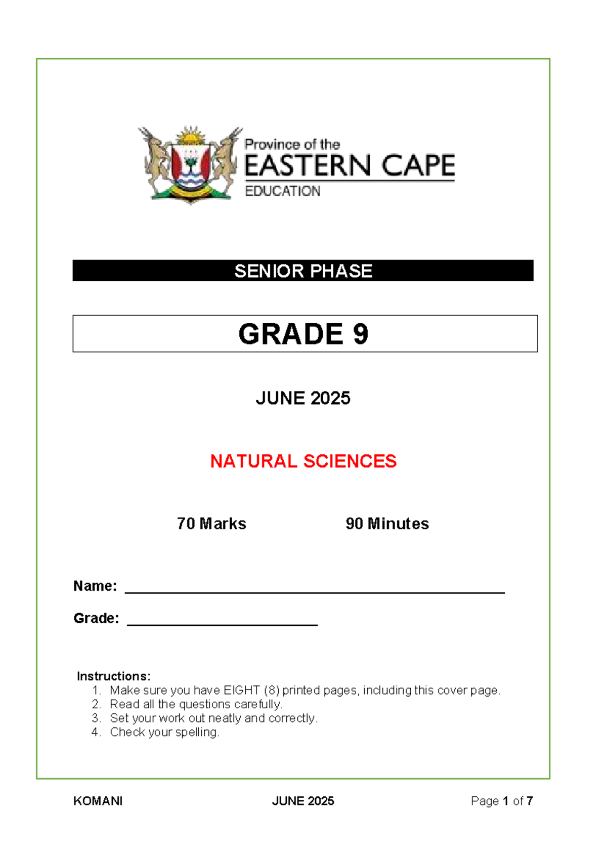 Grade 9 NS June 2025 Exam Paper - 70 Marks, 90 Minutes - Studocu