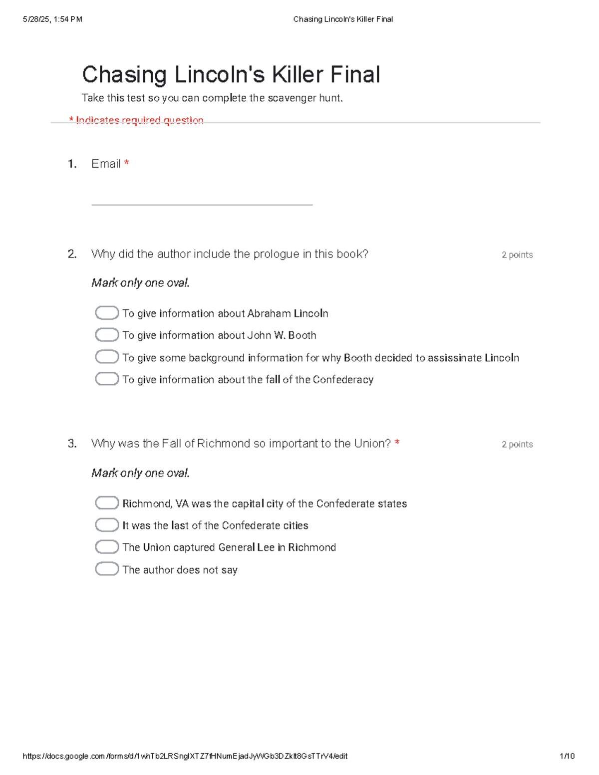 Chasing Lincoln's Killer Final Exam - Questions & Answers Review - Studocu