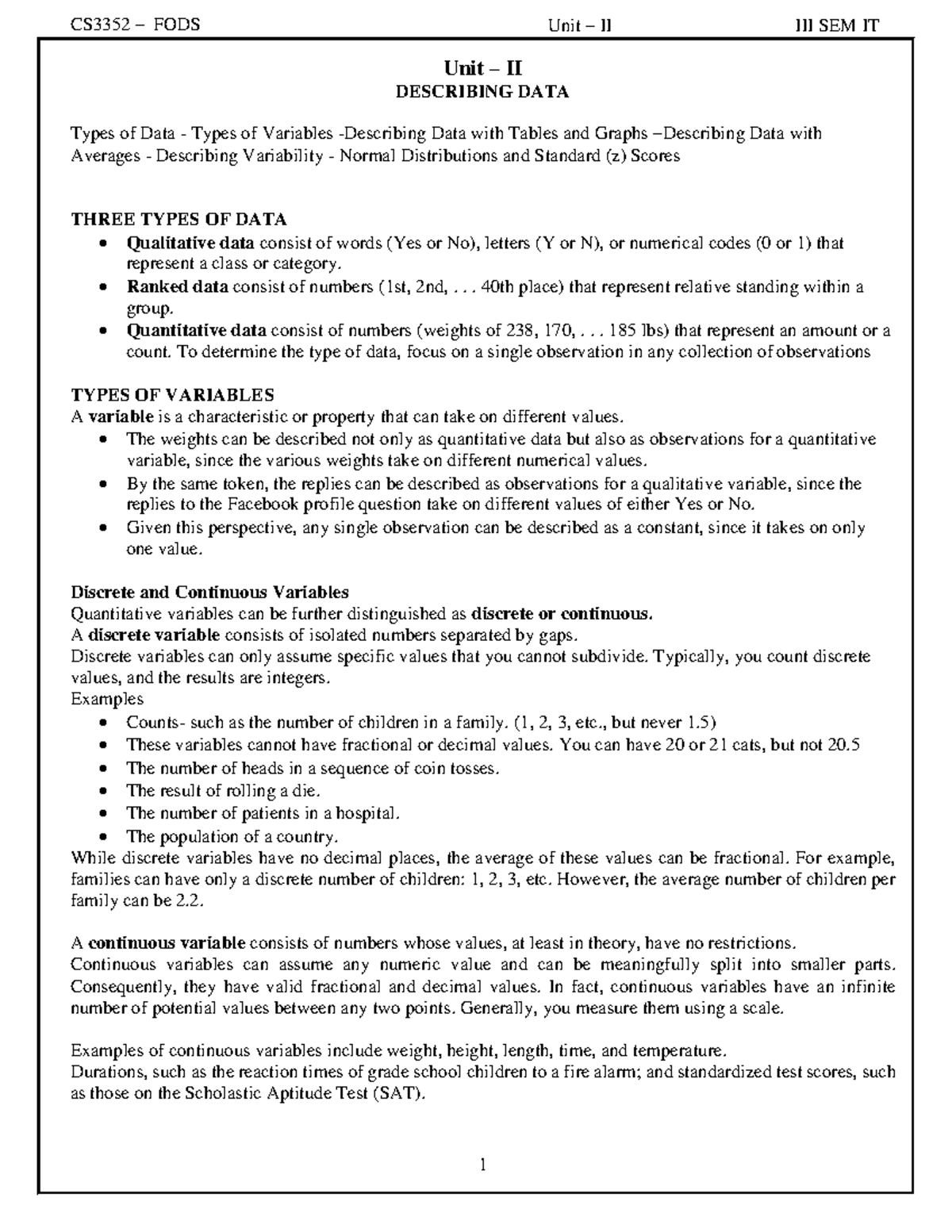 CS3352 FODS Unit II SEM IT Describing Data: Types, Variables, and Graphs - Studocu