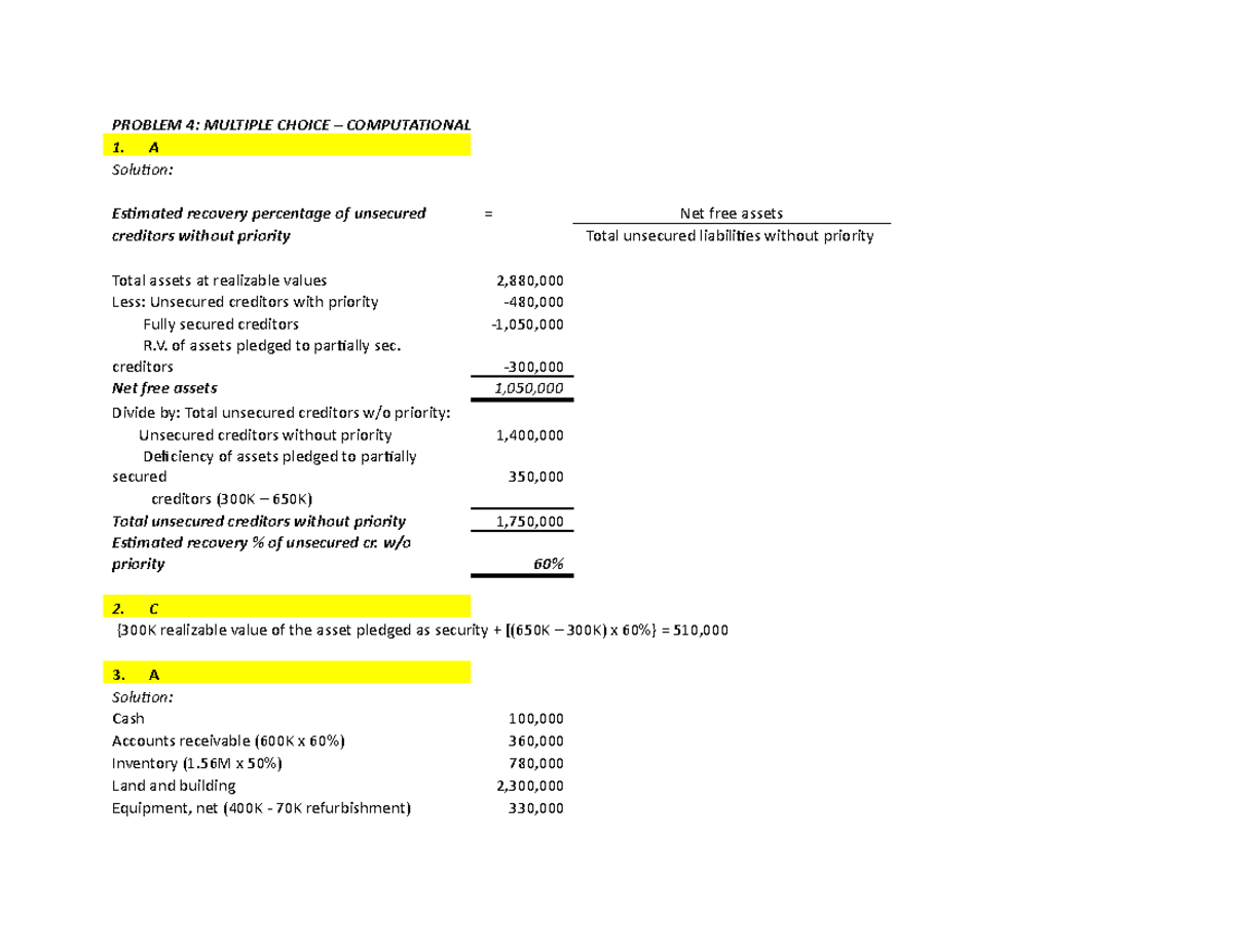 Corporate Liquidation- Problem 4 Answer AND Solution - PROBLEM 4: MULTIPLE CHOICE ...