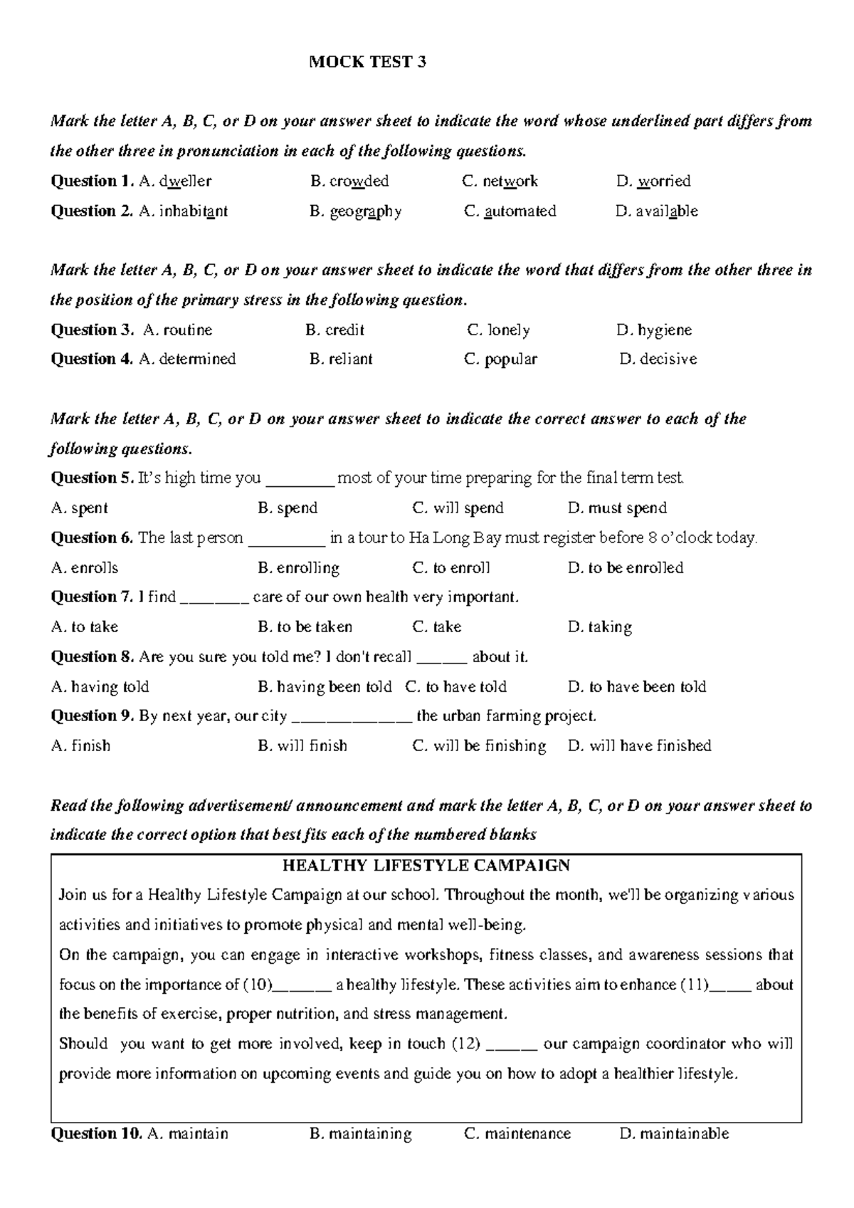 MOCK TEST 3 - Pronunciation and Vocabulary Practice Exam - Studocu