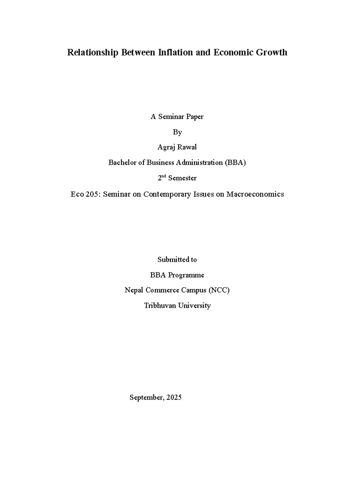 Eco 205: Seminar Paper on Inflation and Economic Growth in Nepal - Studocu