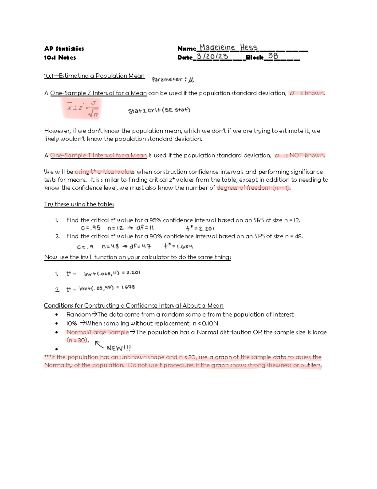 10.1 Notes: Estimating a Population Mean in AP Stats - Studocu