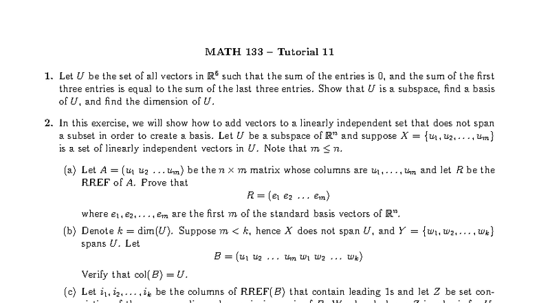 MATH 133 Tutorial 11: Subspaces, Bases, and Linear Transformations - Studocu