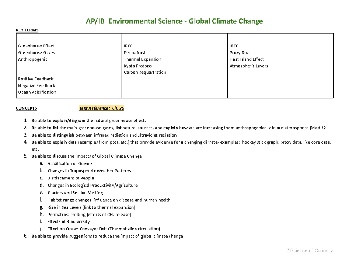 APES/IBESS Unit 9: Climate Change Review - Key Concepts & Effects - Studocu