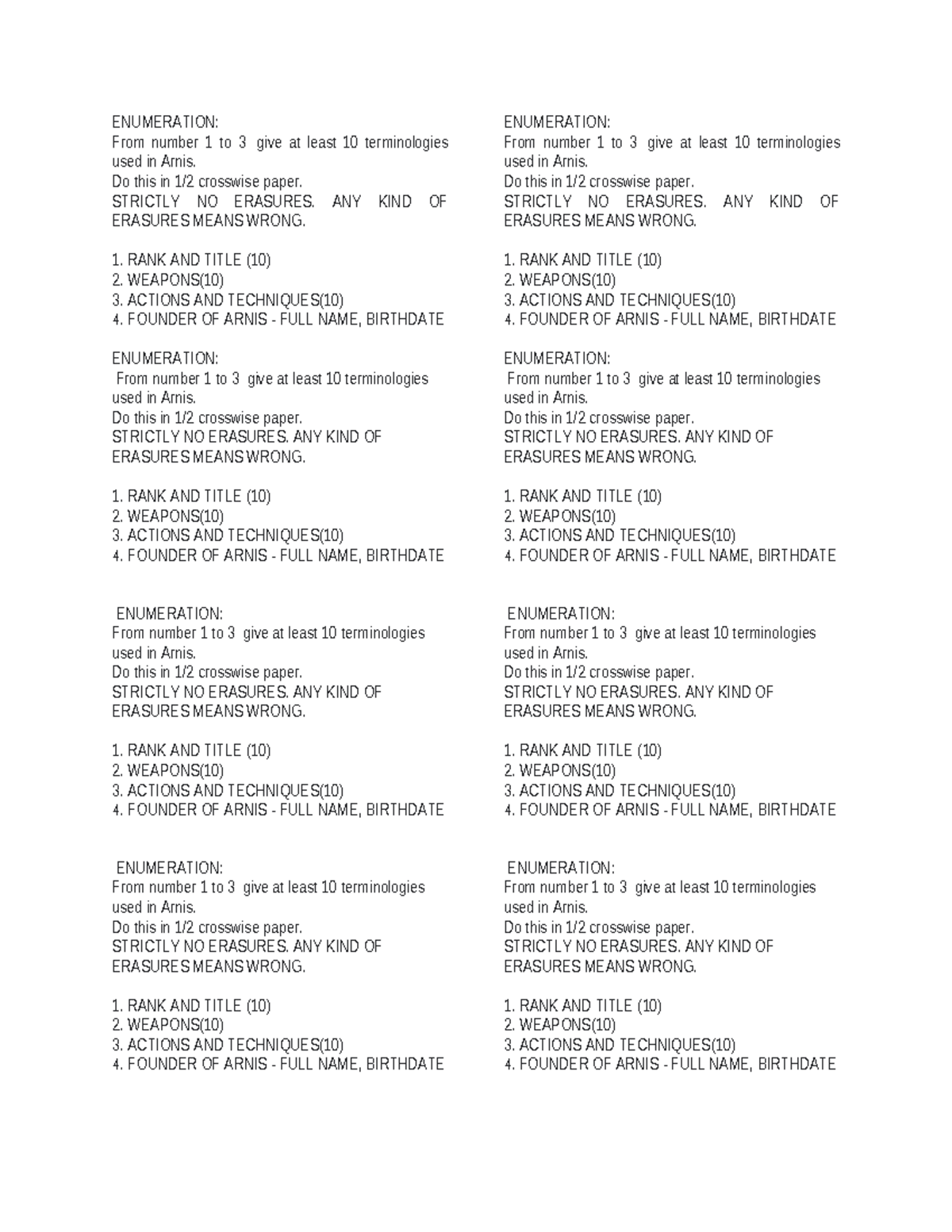 PE Arnis Enumeration Exam: Key Terminologies and Concepts - Studocu
