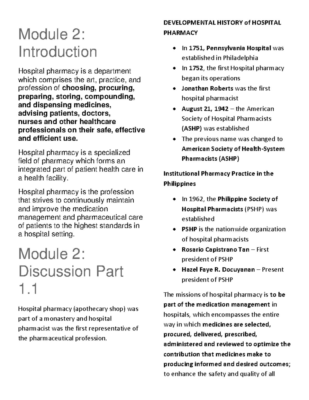 Module 2: Hospital Pharmacy Lecture Notes and Discussion Summary - Studocu