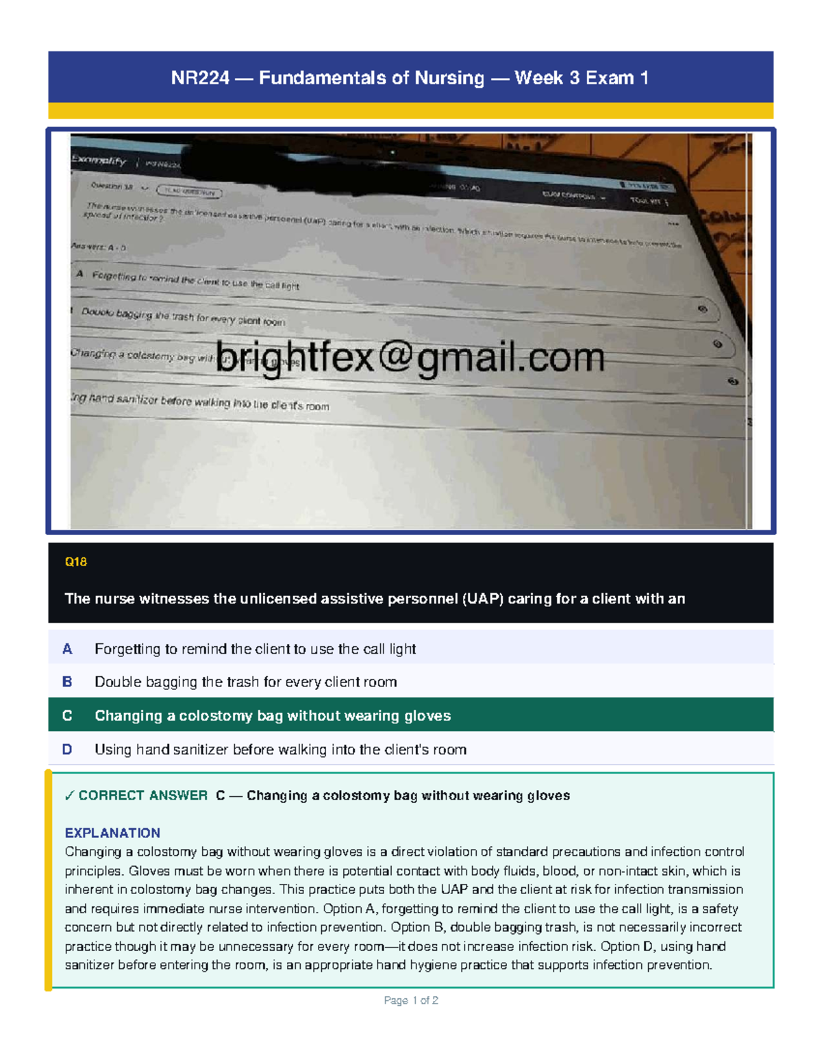 NR224 Week 3 Exam 1 Q18 - Infection Control Practices - Studocu