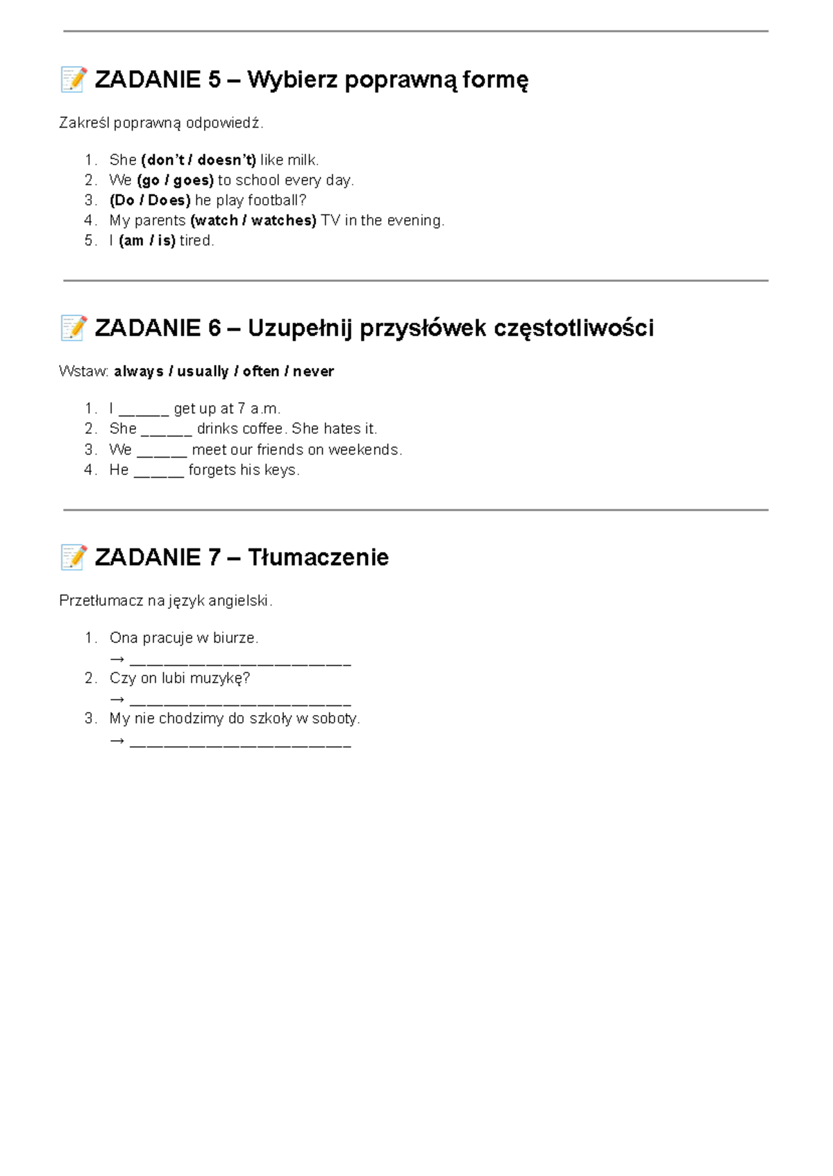 Present Simple 2 Zadania - 📝 ZADANIE 5 – Wybierz poprawną formę Zakreśl ...