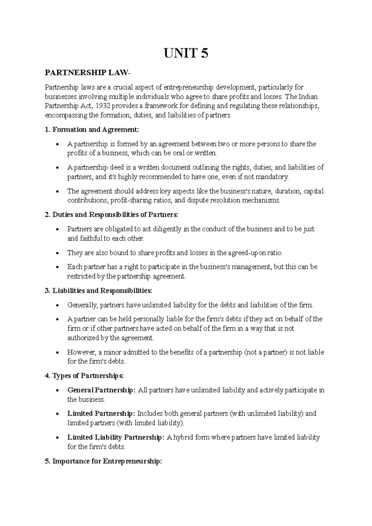 KOE083 Notes - Unit 5: Partnership Law and Business Ownership Insights ...