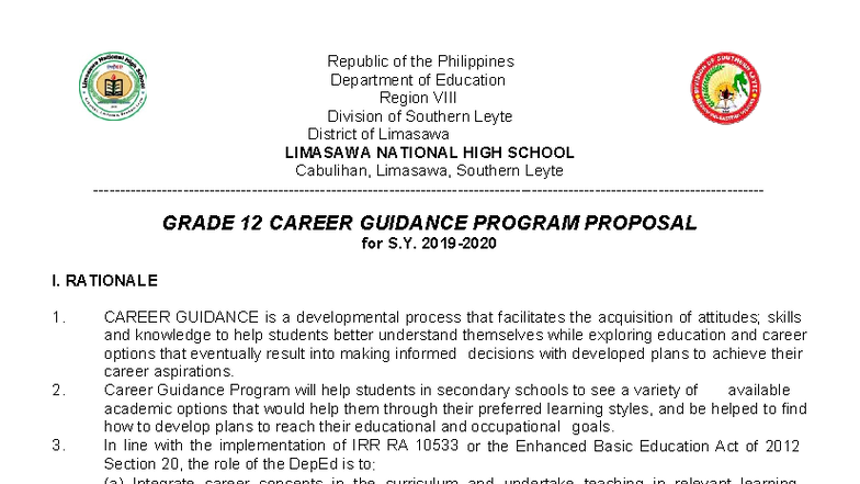 Grade 12 Career Guidance Program Proposal (12CGP) - Studocu