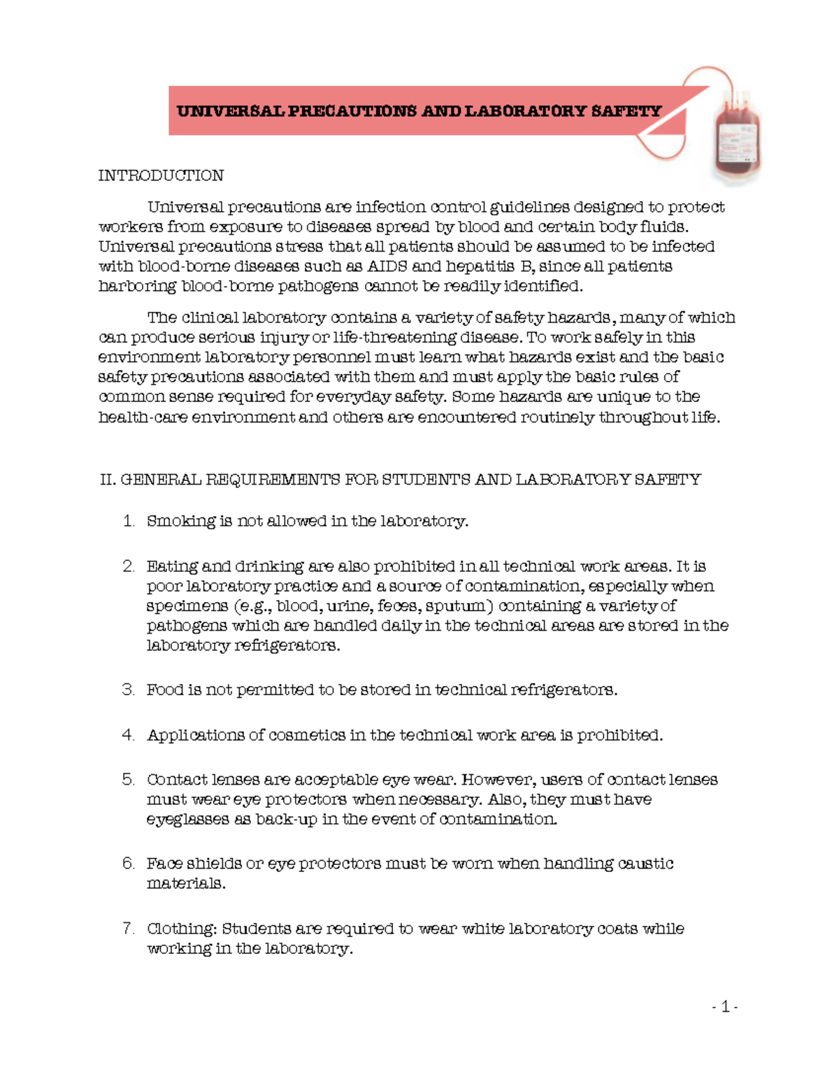 BB Lab Manual: Universal Precautions & Safety Guidelines - Studocu