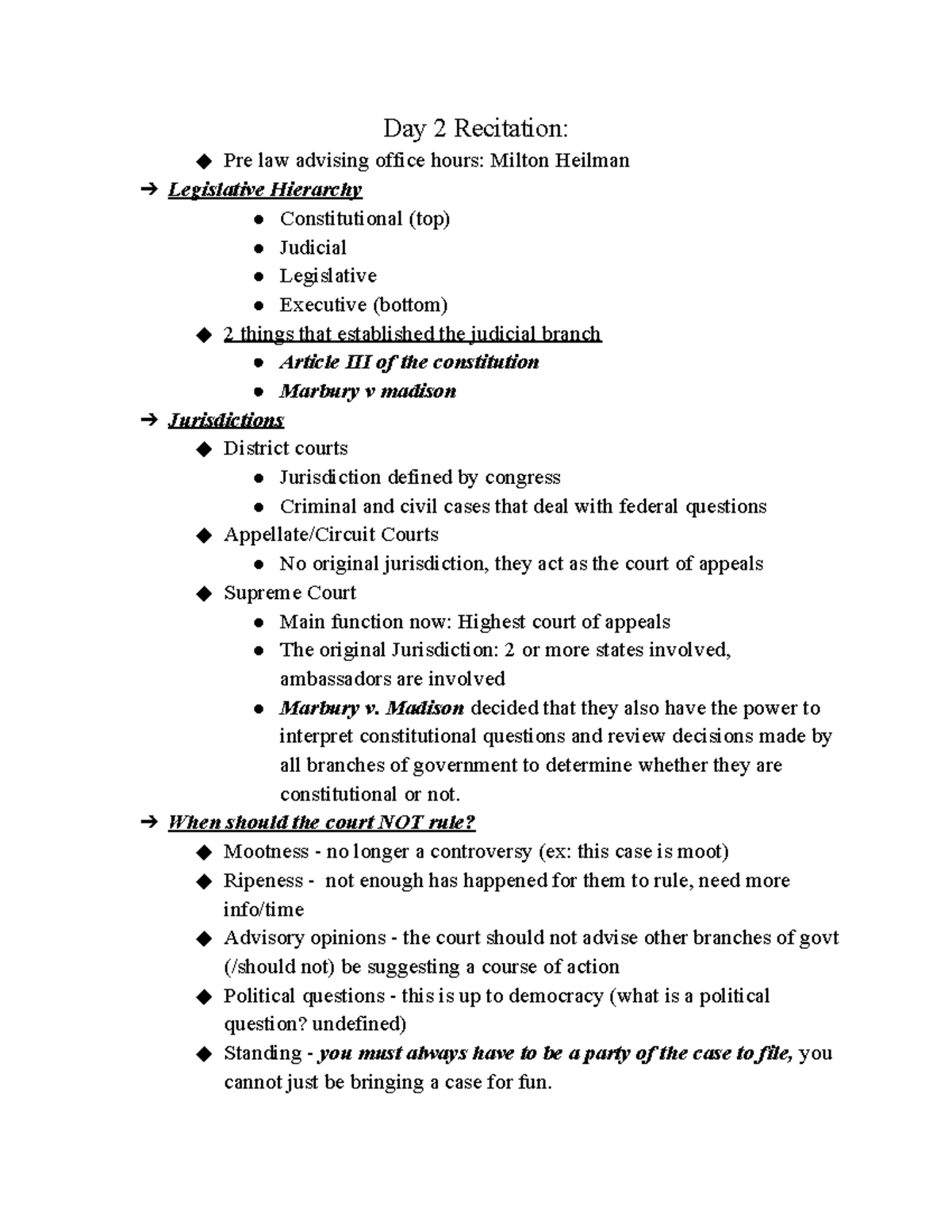 Pre-Law Recitation: Overview of Judicial Branch & Key Concepts - Studocu