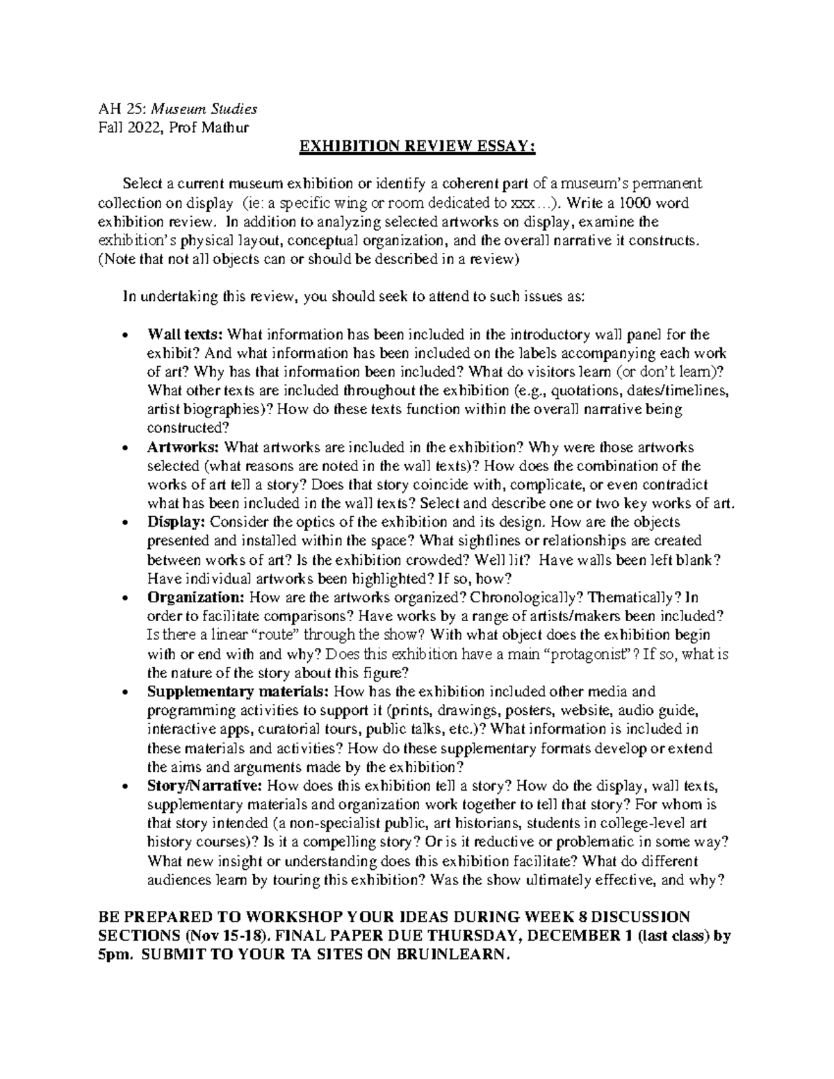 AH 25: Museum Studies Fall 2022 - Exhibition Review Essay - Studocu