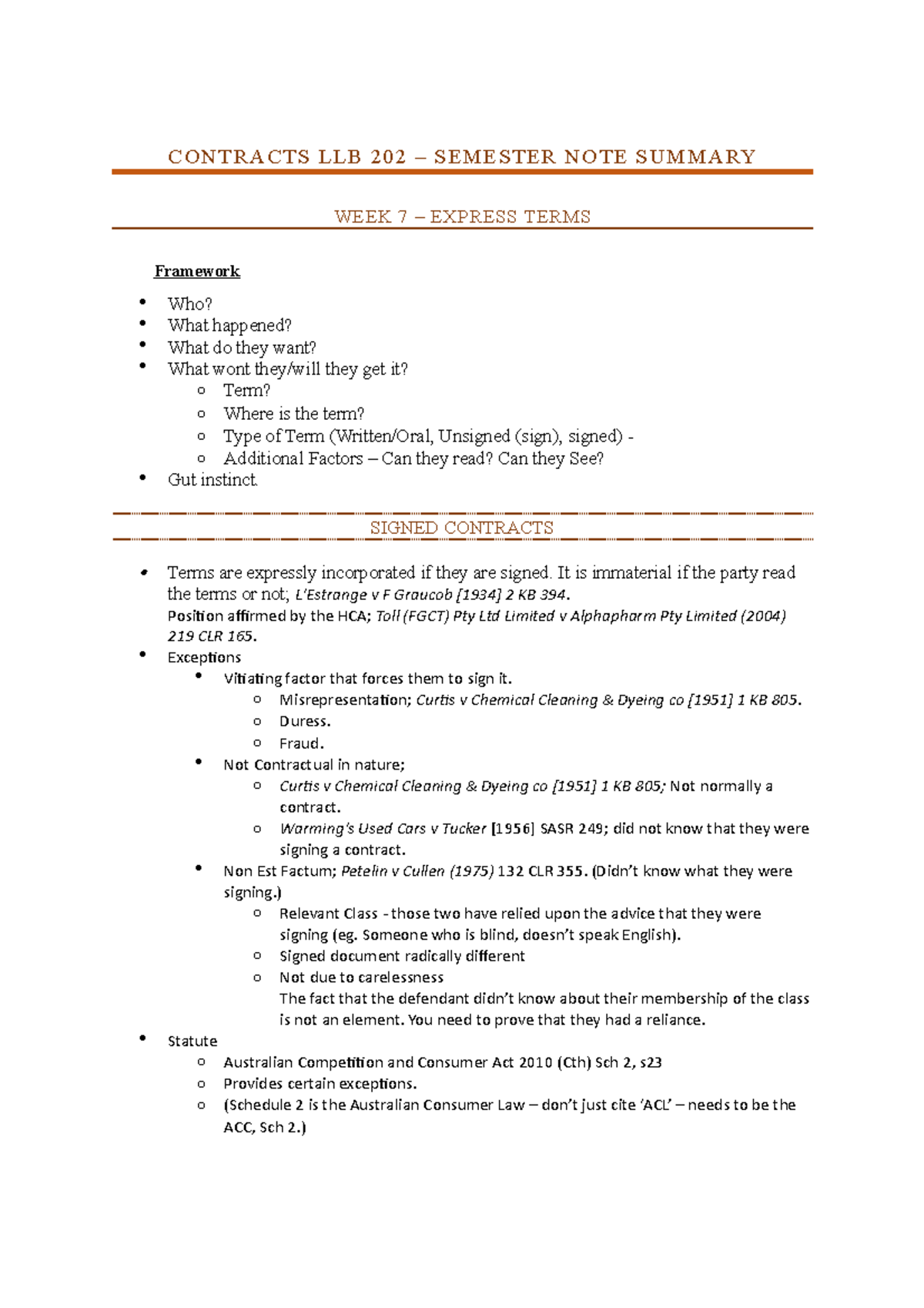 Contracts LLB 202 Summary Weeks 7 to 9 - Key Concepts and Cases - Studocu