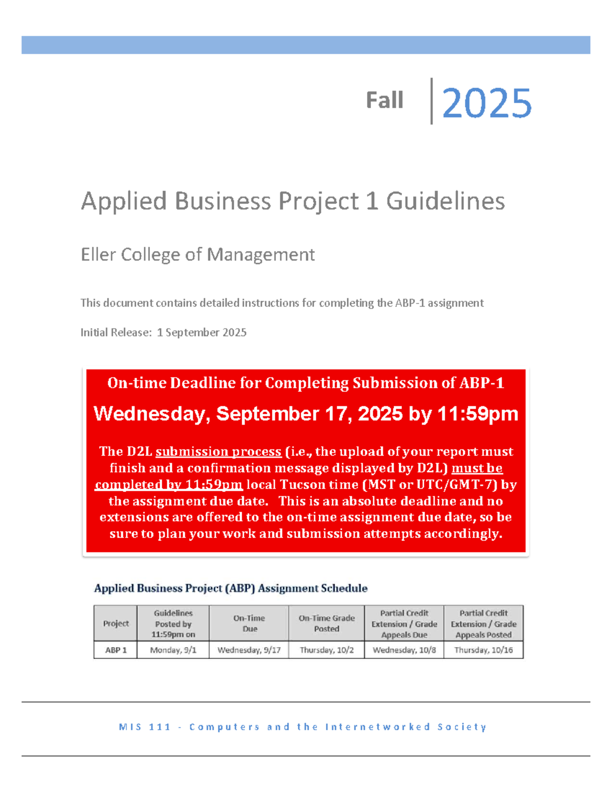 MIS 111 F25 Applied Business Project 1 Guidelines and Instructions ...