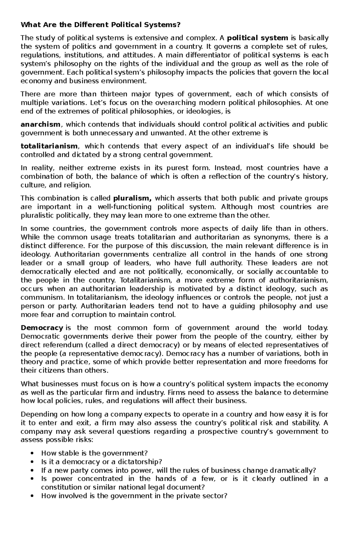 Lesson 6 - Understanding political systems and their impact on business ...