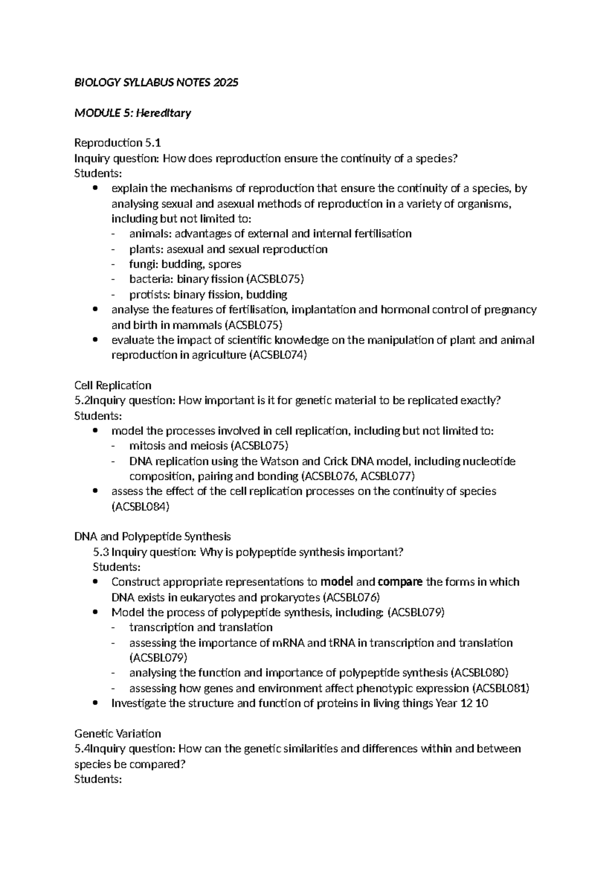 Biology Year 12 Syllabus Notes 2025: Modules 5-8 Overview - Studocu