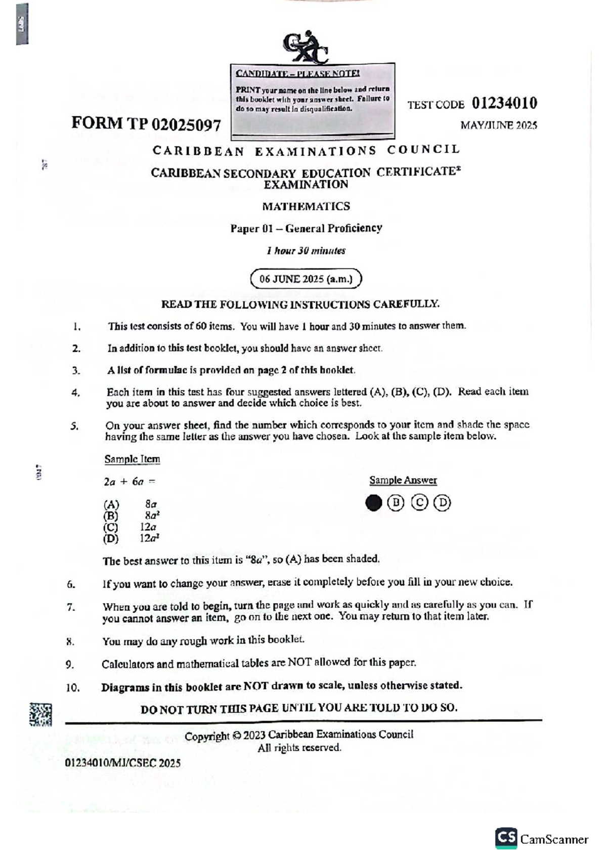 CSEC Mathematics 2025 Final Exam Paper 01 Instructions and Items - Studocu