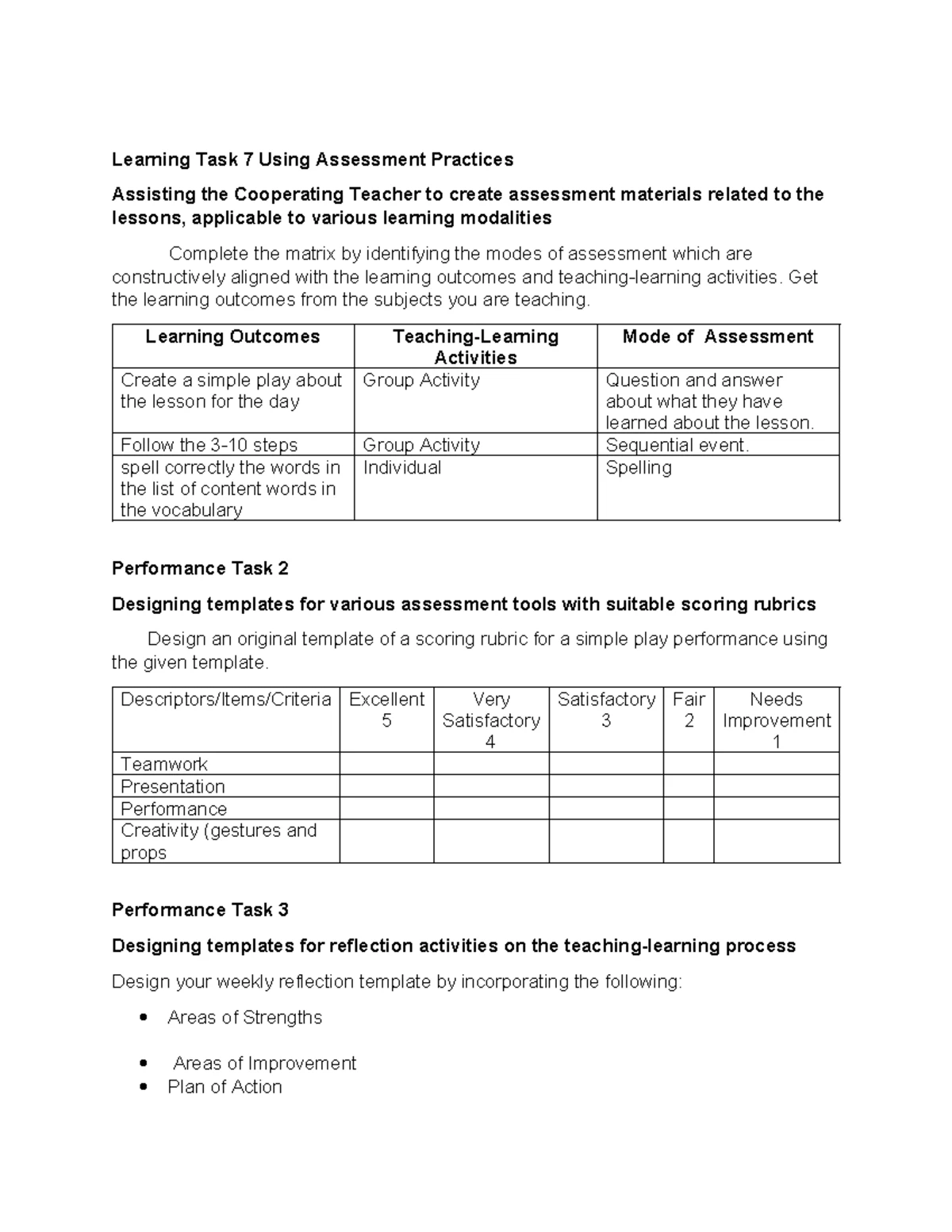 Learning Task 7 - Assessment Practices and Strategies Overview - Studocu