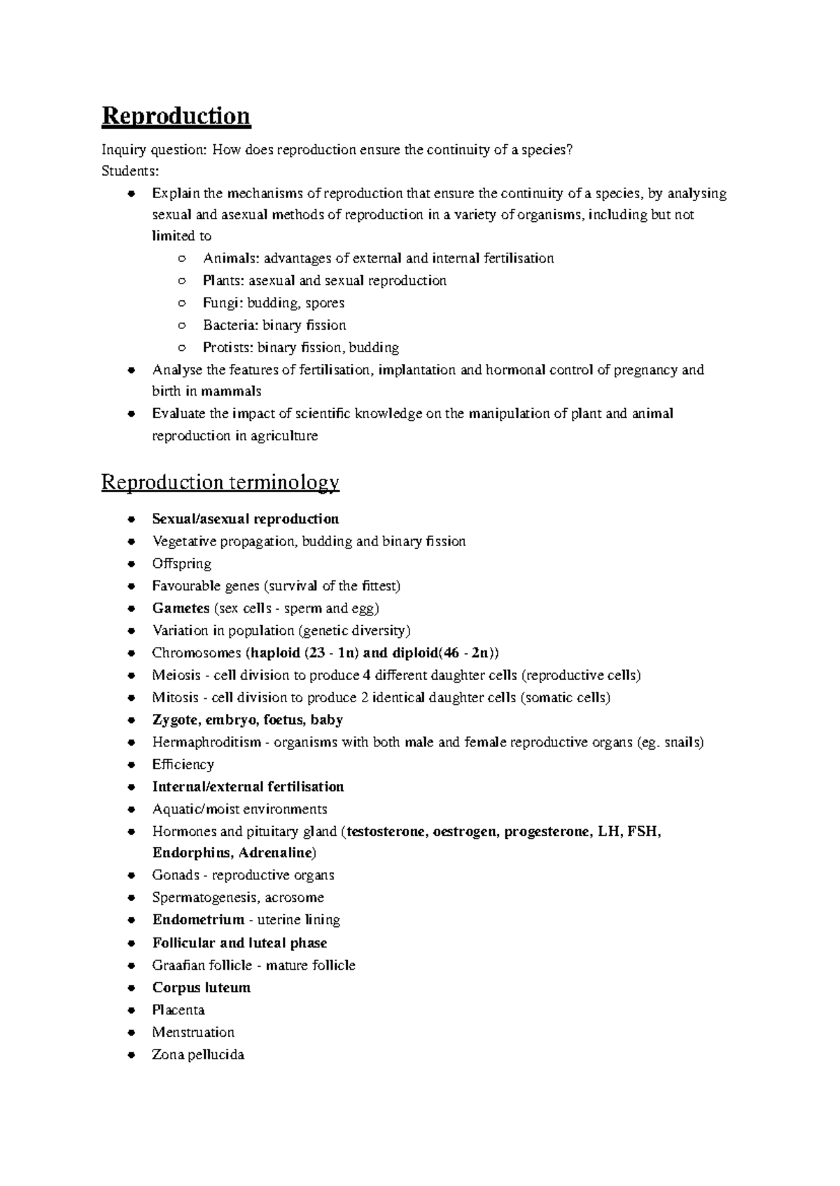 Biology Notes Year 12: Reproduction Mechanisms & Species Continuity ...