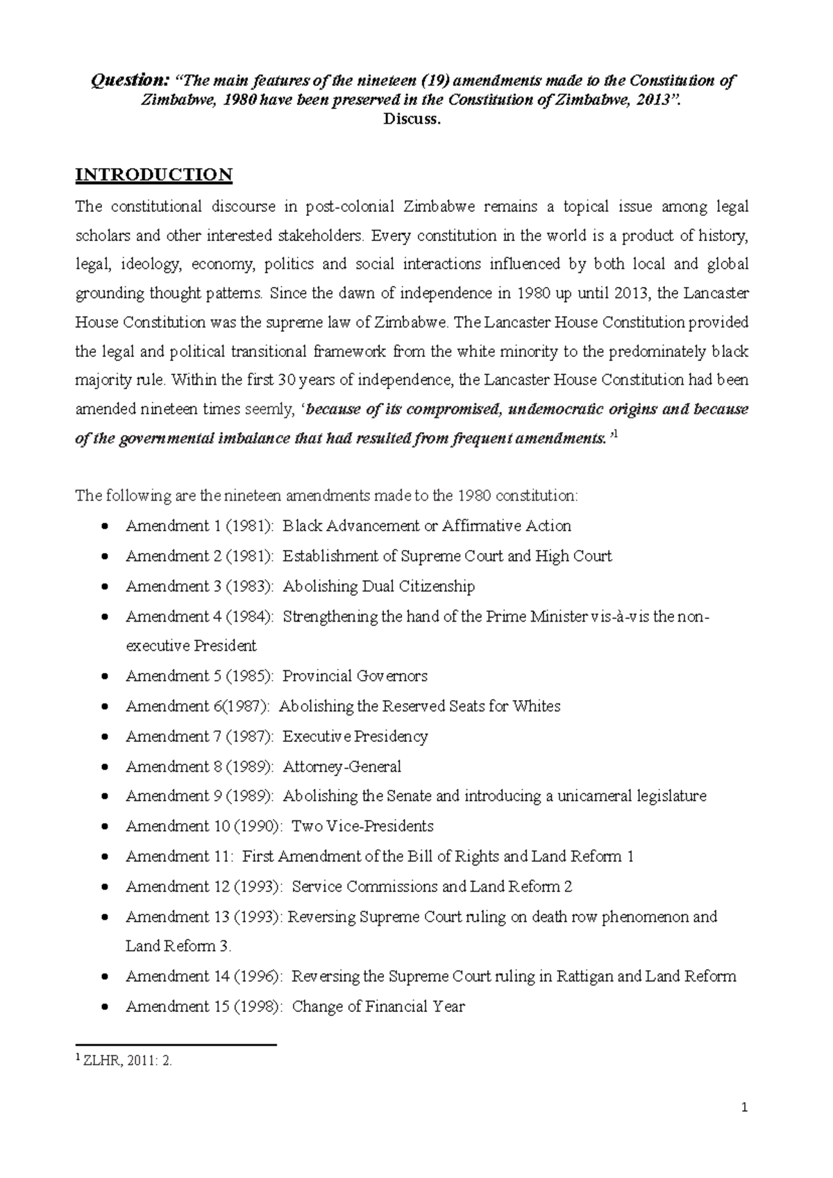 Constitutional Law Assignment: Analysis of Zimbabwe's Amendments - Studocu