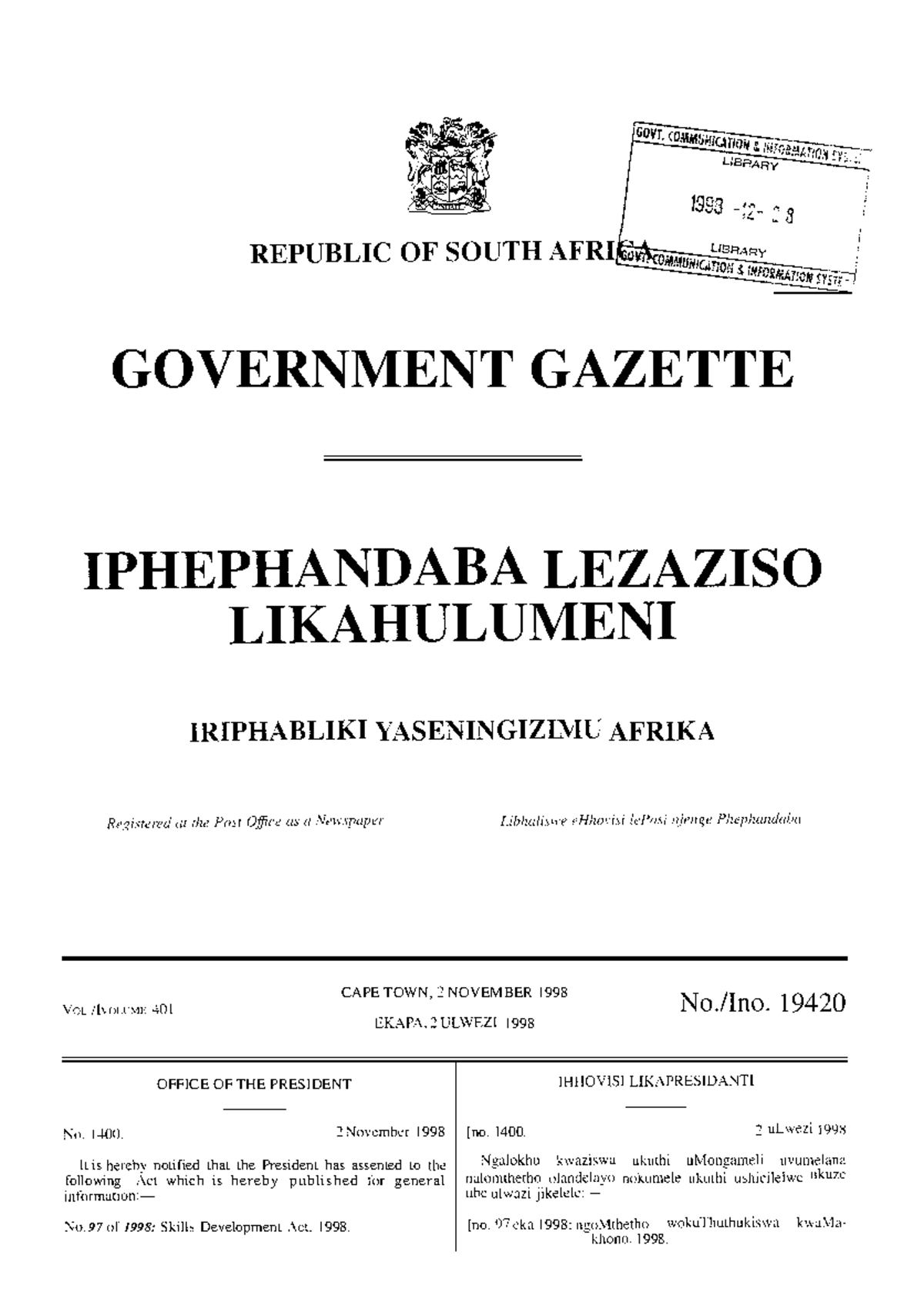 Skills Development Act No. 97 of 1998 - Full Text and Analysis - Studocu