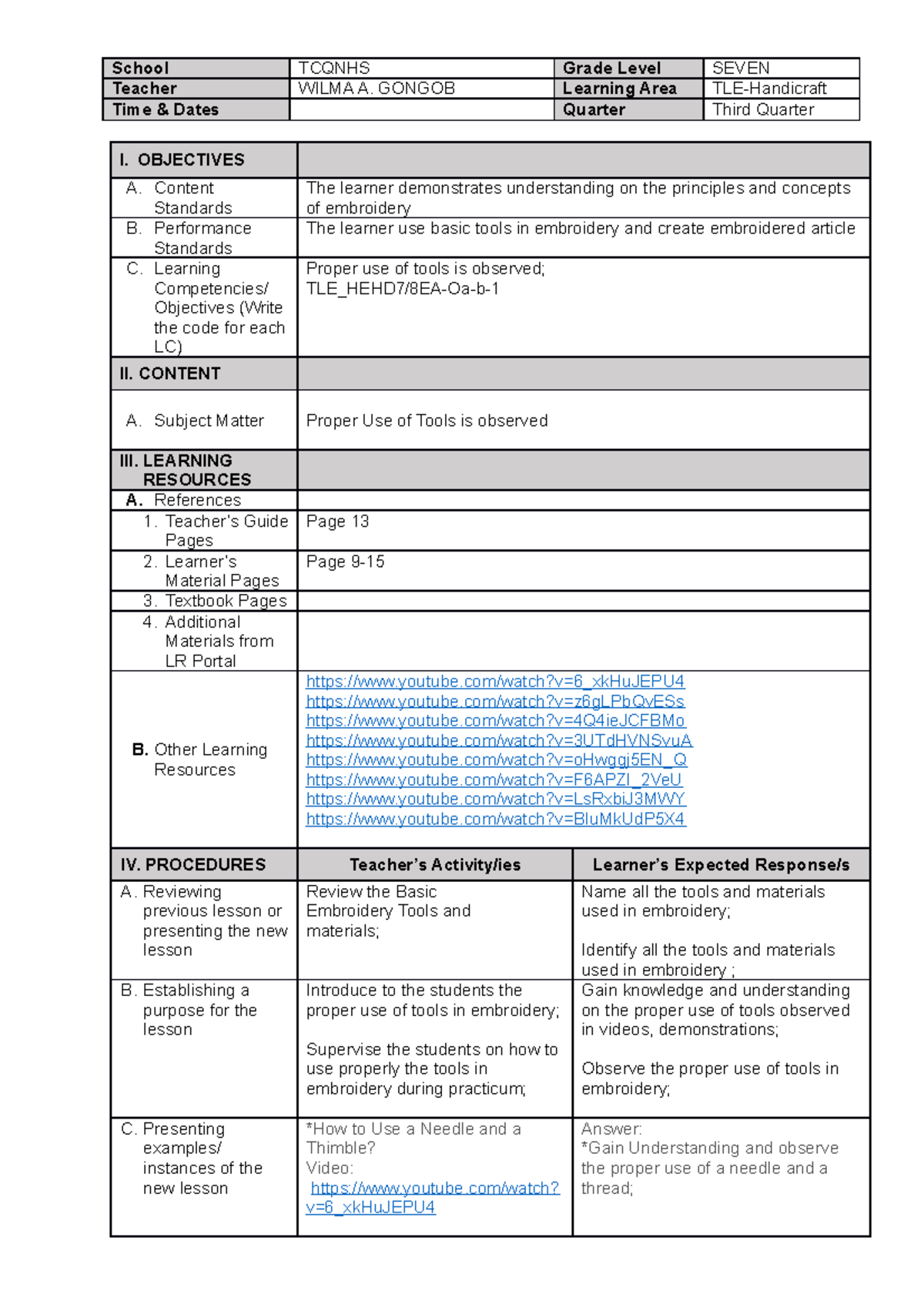 414325165 DLL Proper Use of Tools in Embroidery docx - School TCQNHS ...