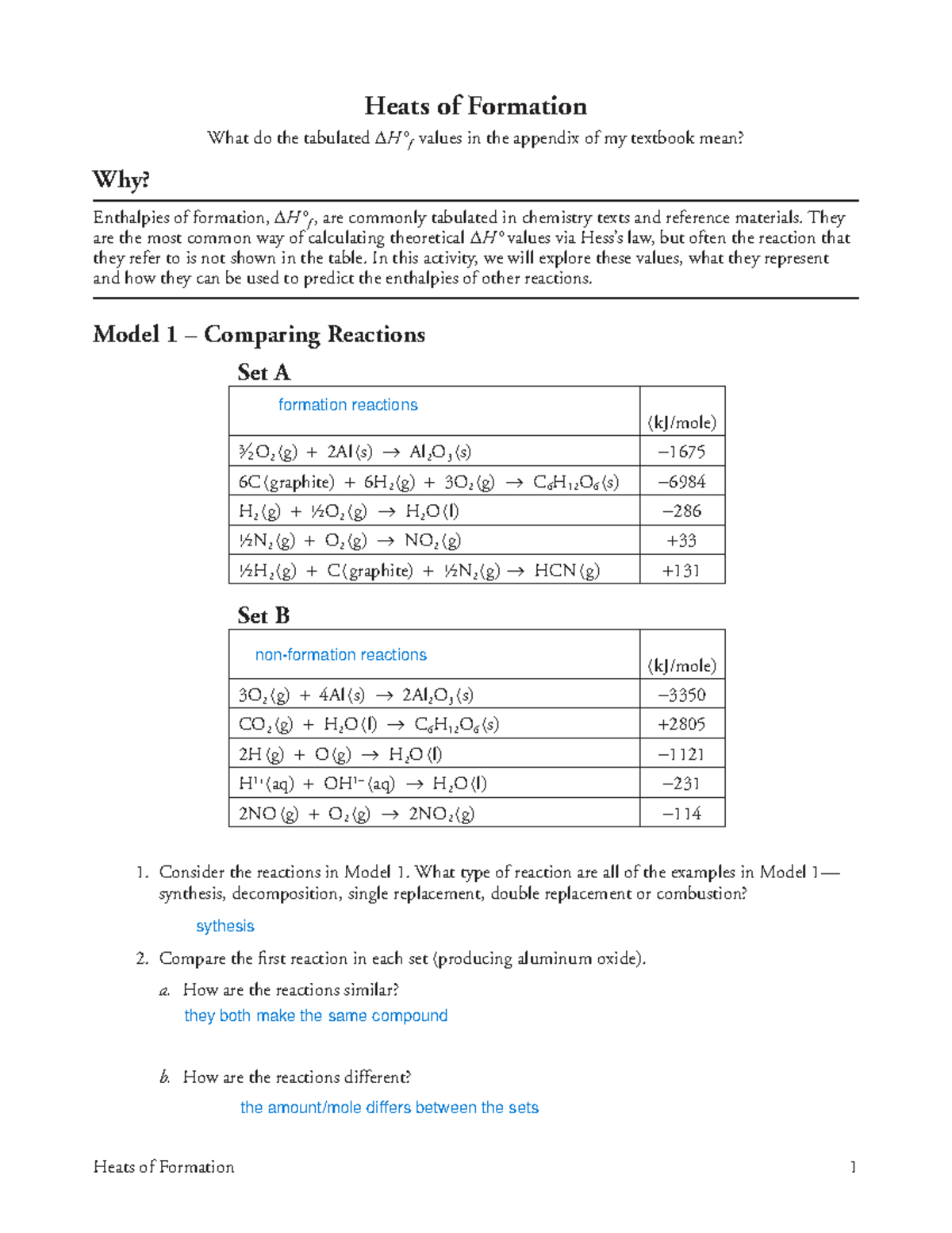Heats of Formation (Chem 101) - Full Credit Answers and Analysis - Studocu