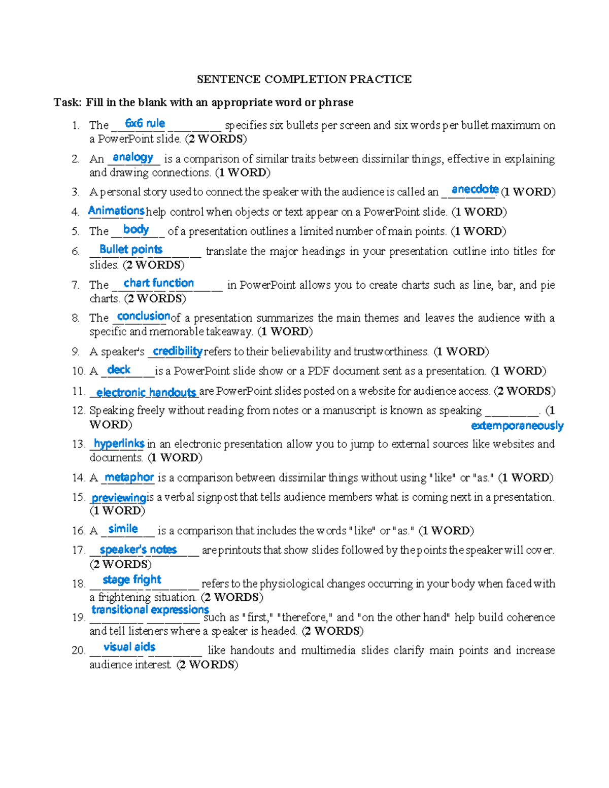 SENTENCE COMPLETION PRACTICE: PowerPoint Key Terms and Concepts - Studocu