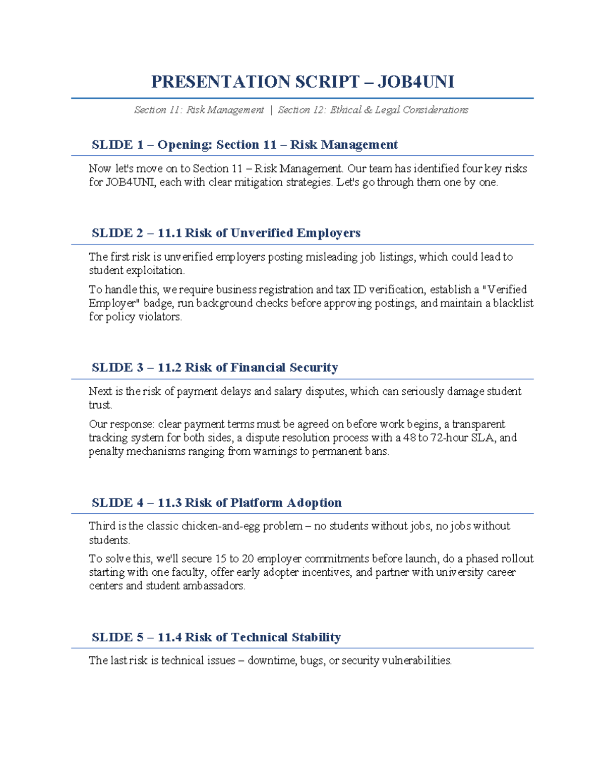 JOB4UNI Presentation Script: Risk Management & Ethical Considerations ...