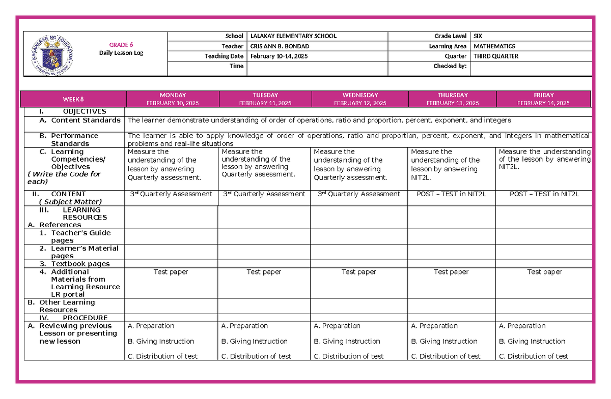 Q3 WEEK 8 DLL MATH 6: Quarterly Assessment Overview - Studocu