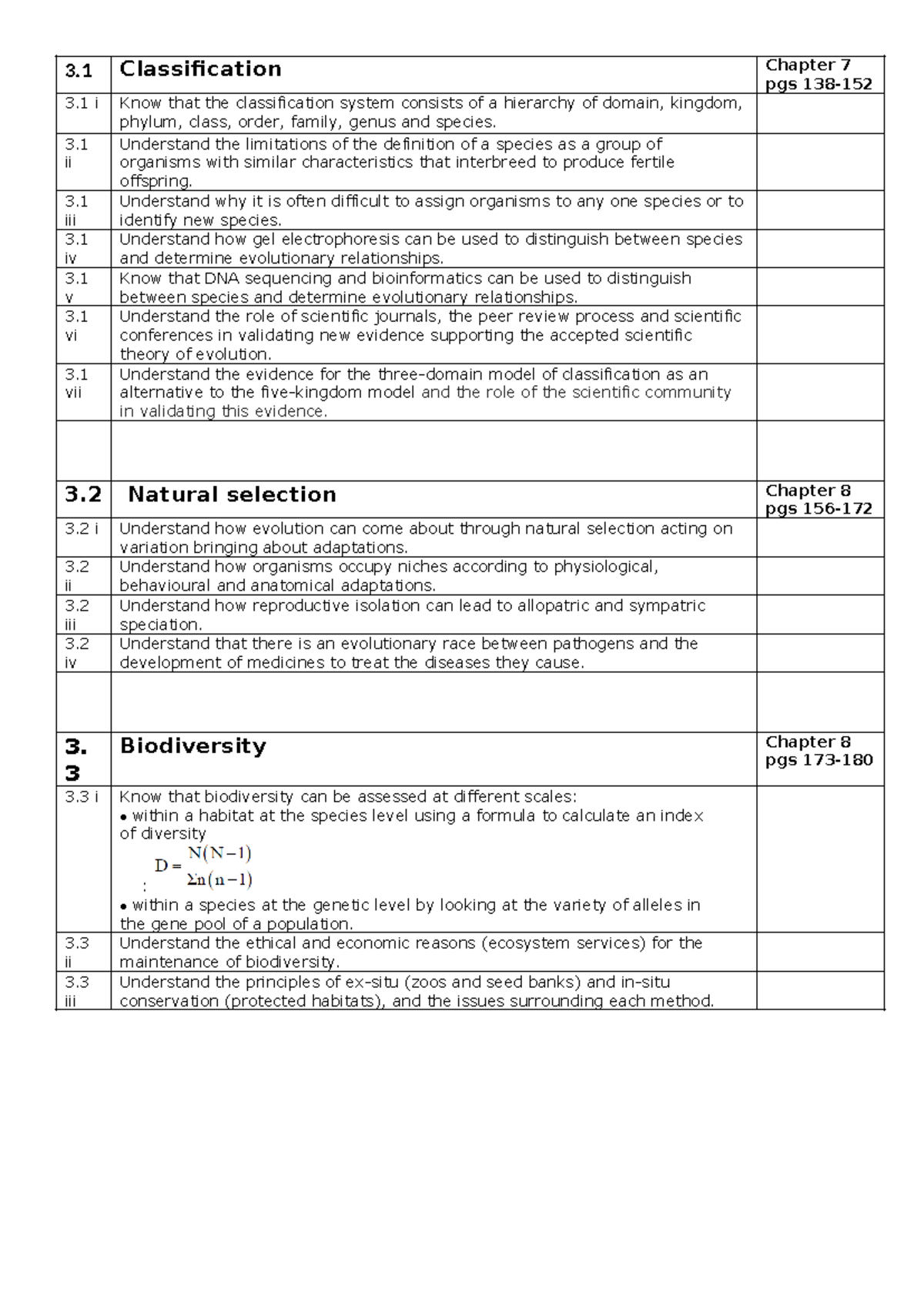 Unit 3 Checklist: Classification, Natural Selection & Biodiversity ...