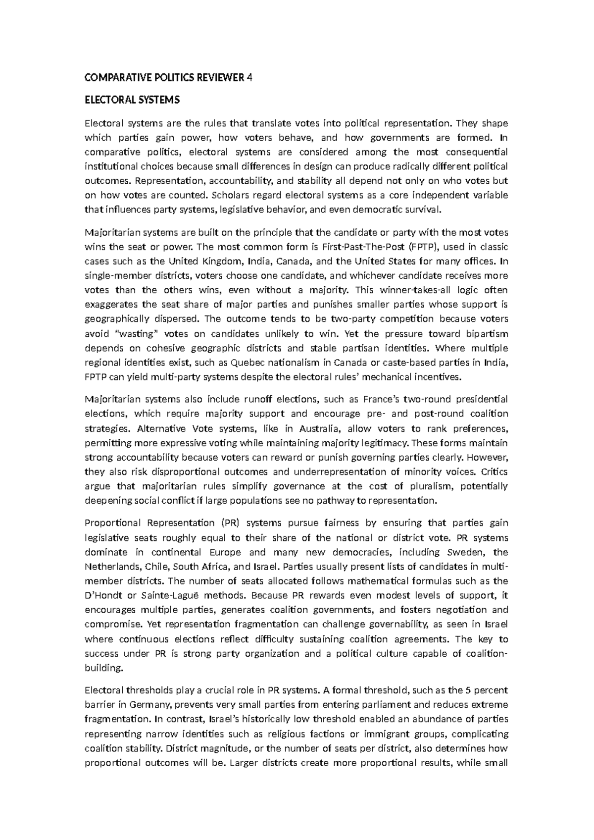 Comparative Politics Reviewer 4: Electoral Systems Analysis - Studocu