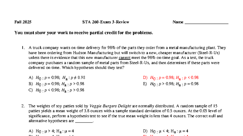 STA 260 - Exam 3 Review: Hypothesis Testing & CI Analysis - Studocu