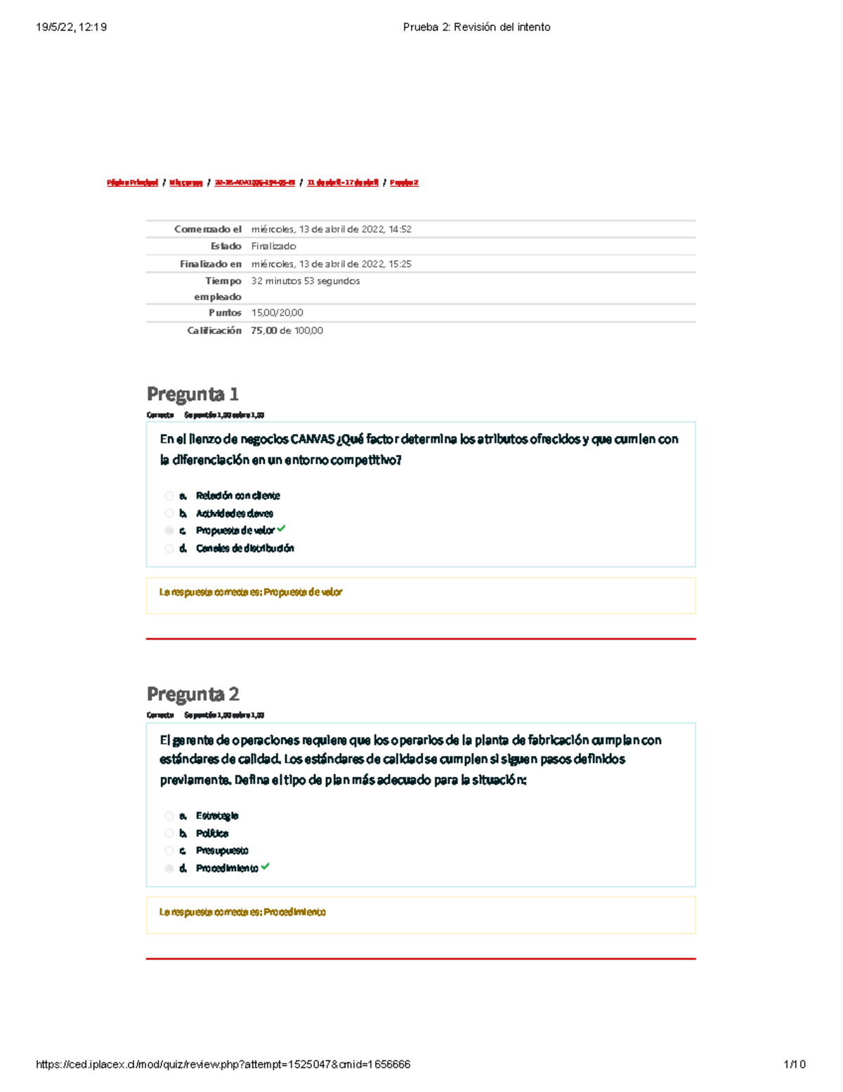 Prueba 2 - Administracion 22-1B-ADA1006: Resultados y Respuestas - Studocu
