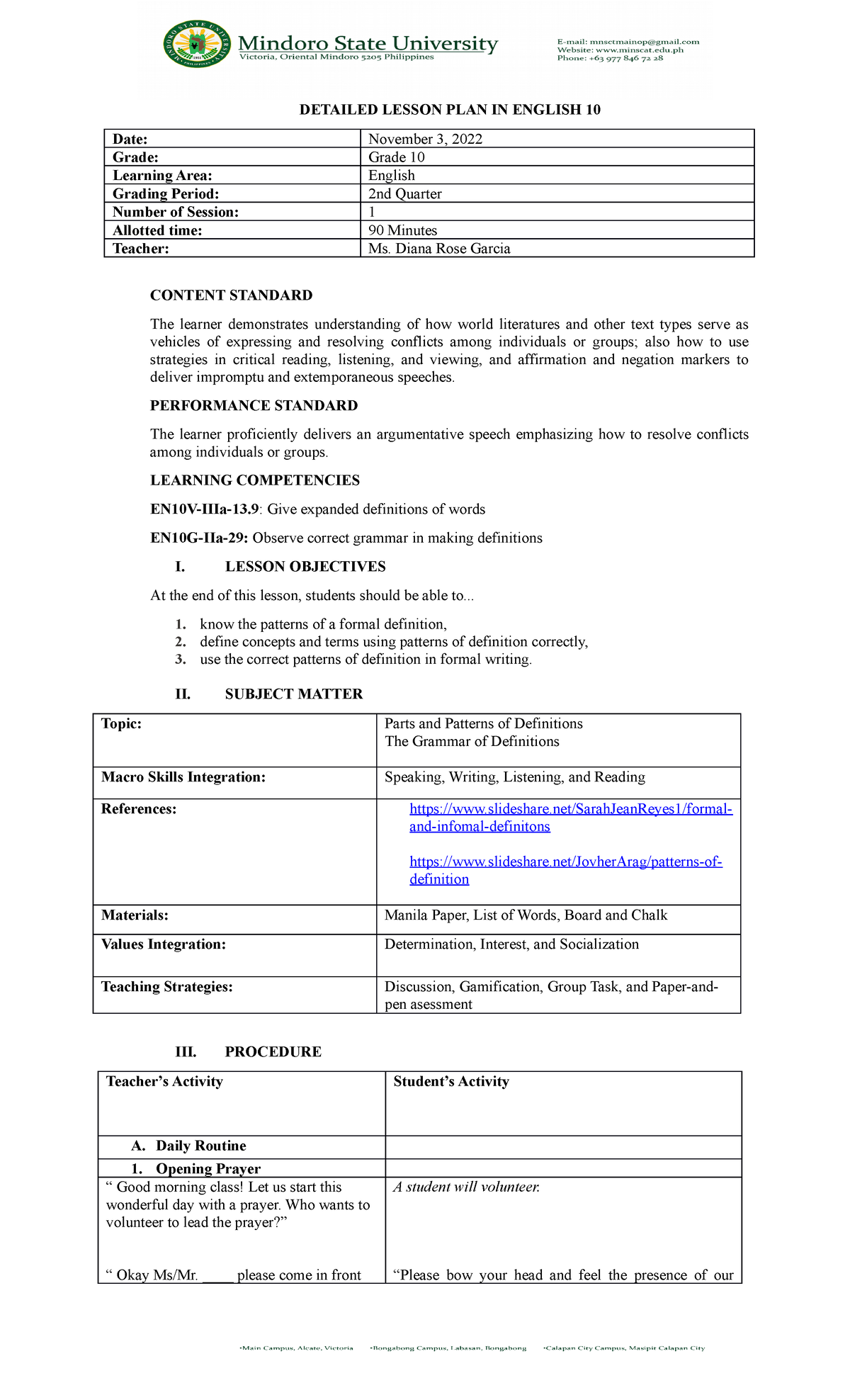 Detailed Lesson Plan in English 10 - November 3, 2022 - Studocu